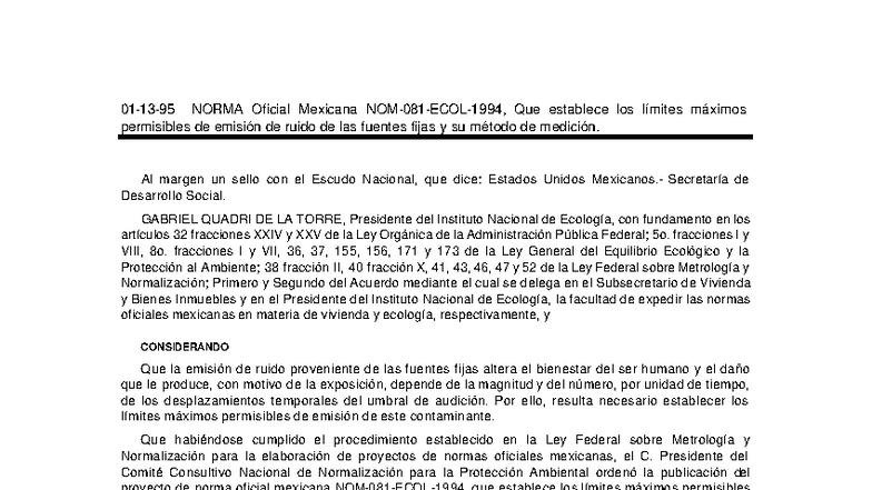 NOM 081 ECOL 1994 - Límites Máximos de Emisión de Ruido - Studocu