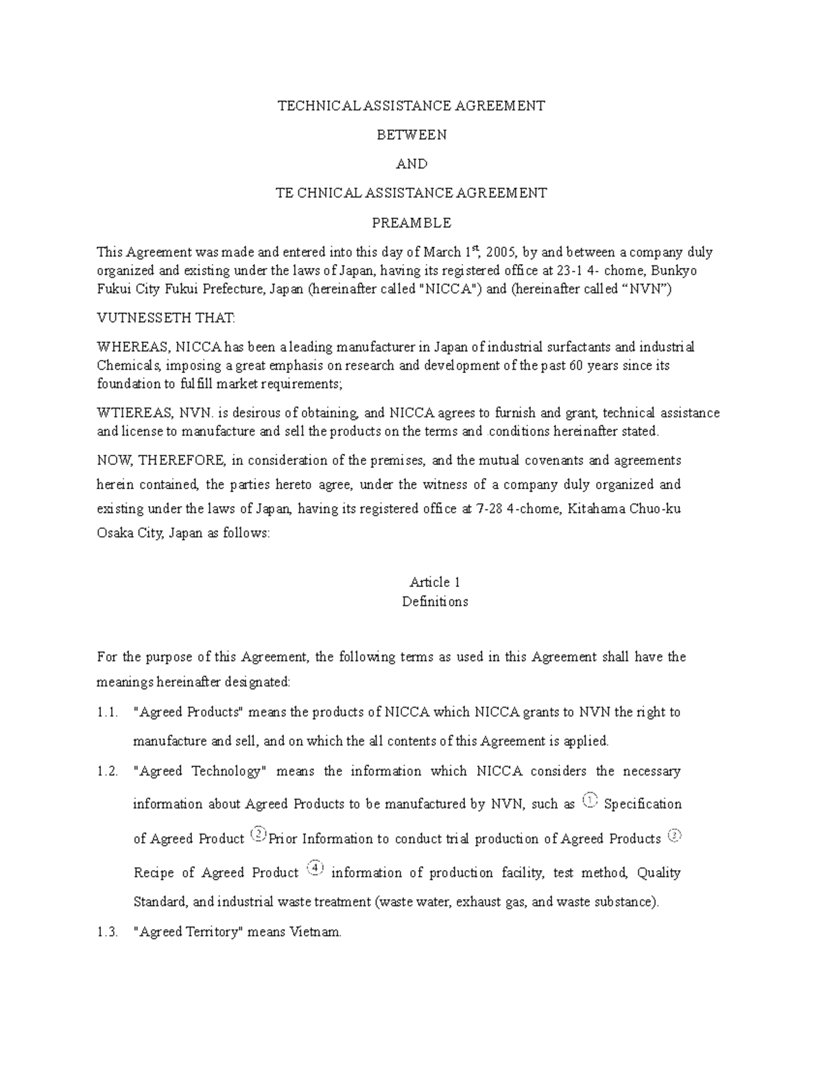 Technical Assistance Agreement - TECHNICAL ASSISTANCE AGREEMENT BETWEEN ...