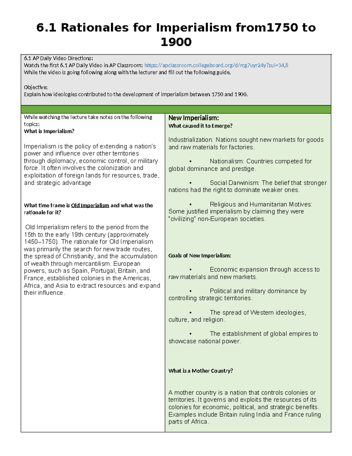 11 - AP World- 6.1 Rationales for Imperialism AP Classroom Viewing ...