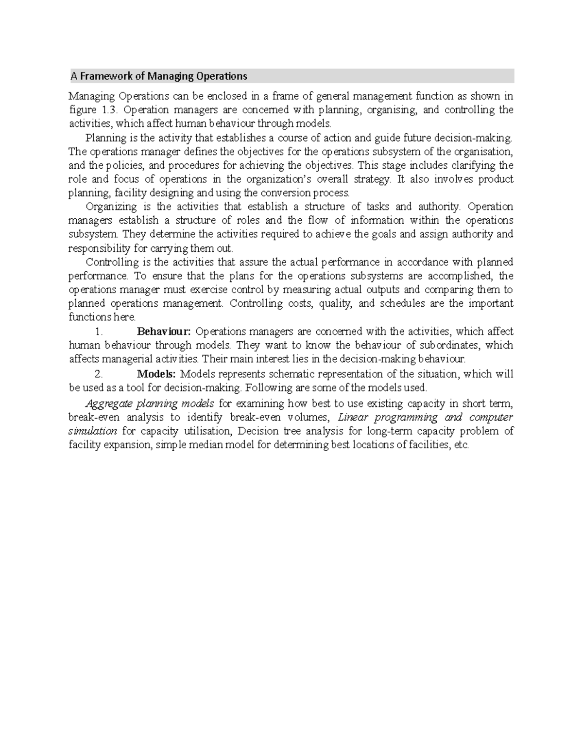 Managing Operations: A Comprehensive Framework for Success - Studocu