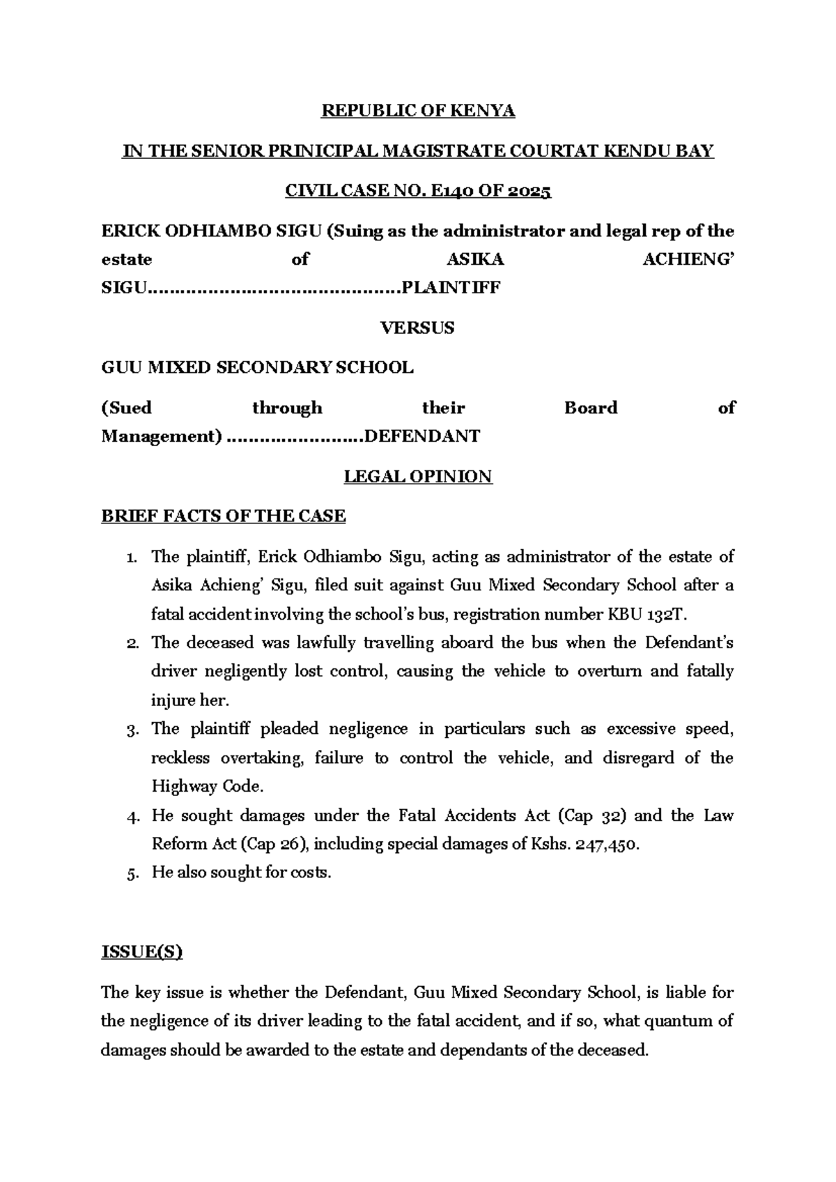 Legal Opinion: Erick Odhiambo Sigu v Guu Mixed Sec School (Civil Case ...
