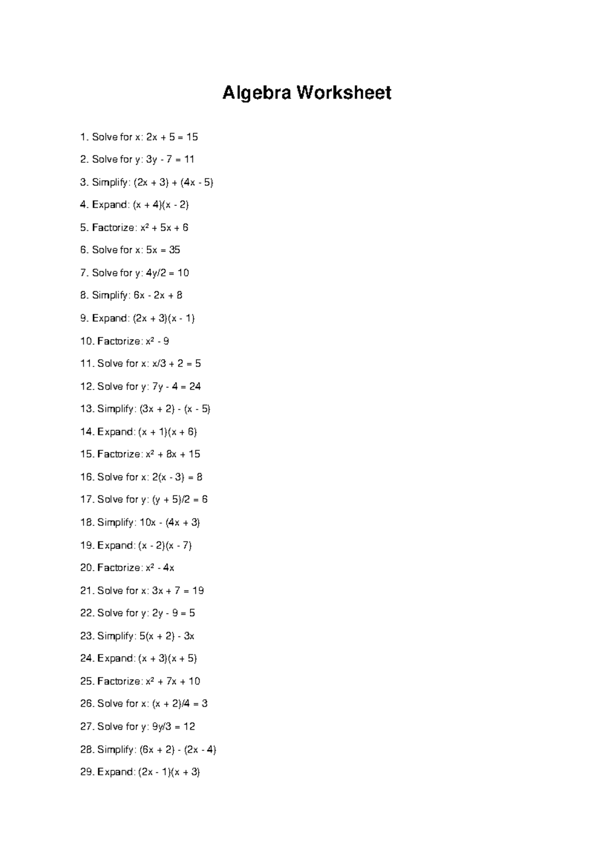 Algebra Worksheet 1: Solving Equations and Simplifying Expressions ...
