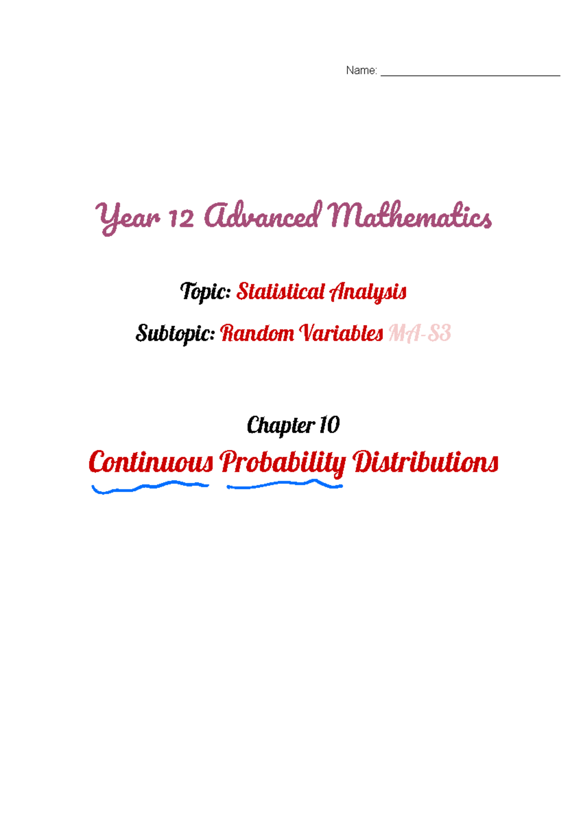HSC Year 12 Advanced Mathematics: Chapter 10 - Continuous Probability ...