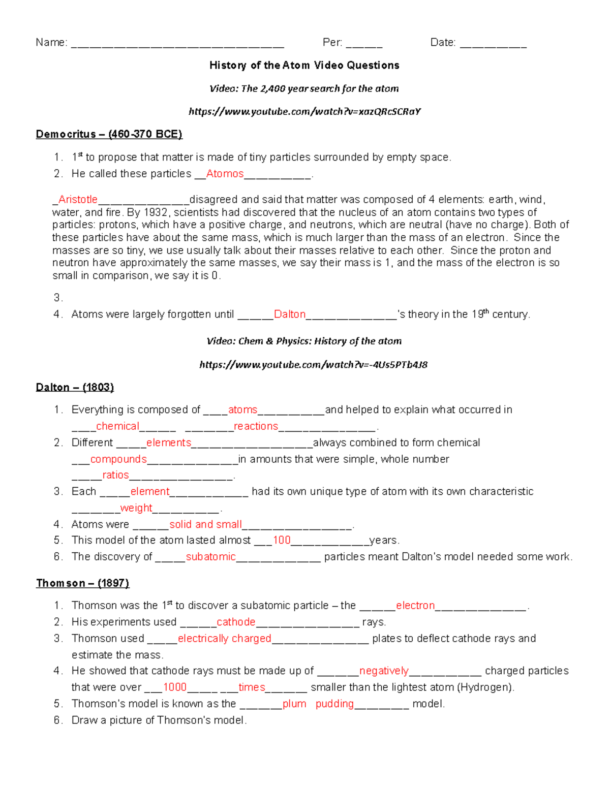 Chem historyoftheatomworksheet and video questions - Name
