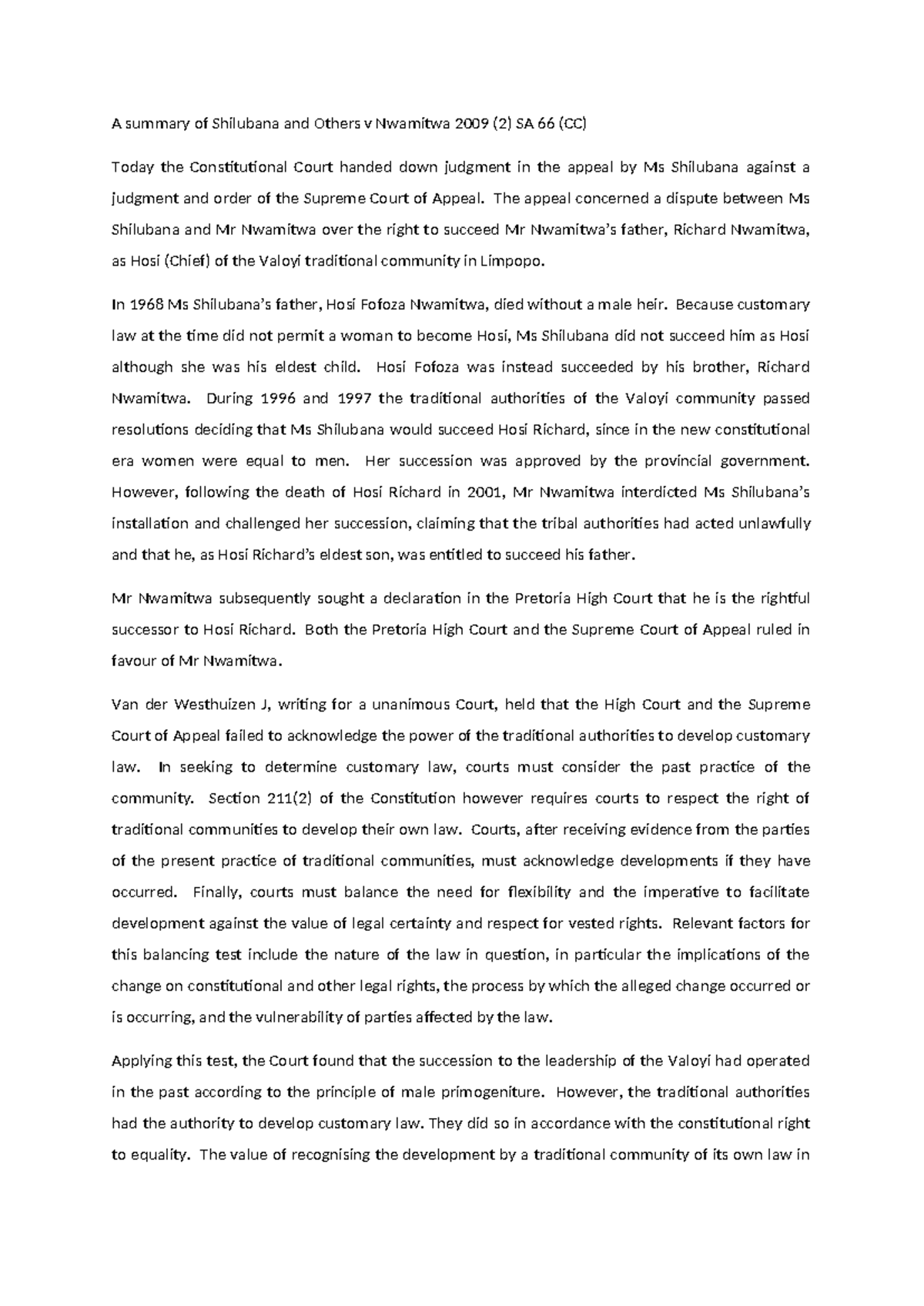 Summary of Shilubana and Others v Nwamitwa 2009 - The appeal concerned ...