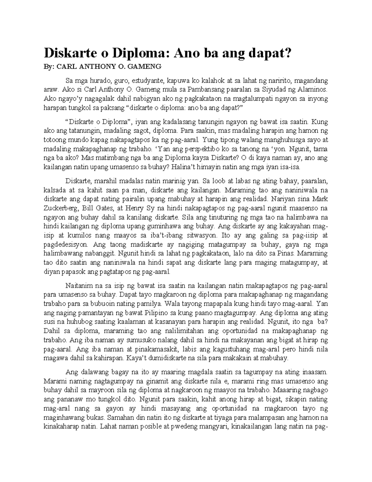 Diskarte o Diploma: Ang Dapat Pagtutunan sa Tagumpay - Studocu