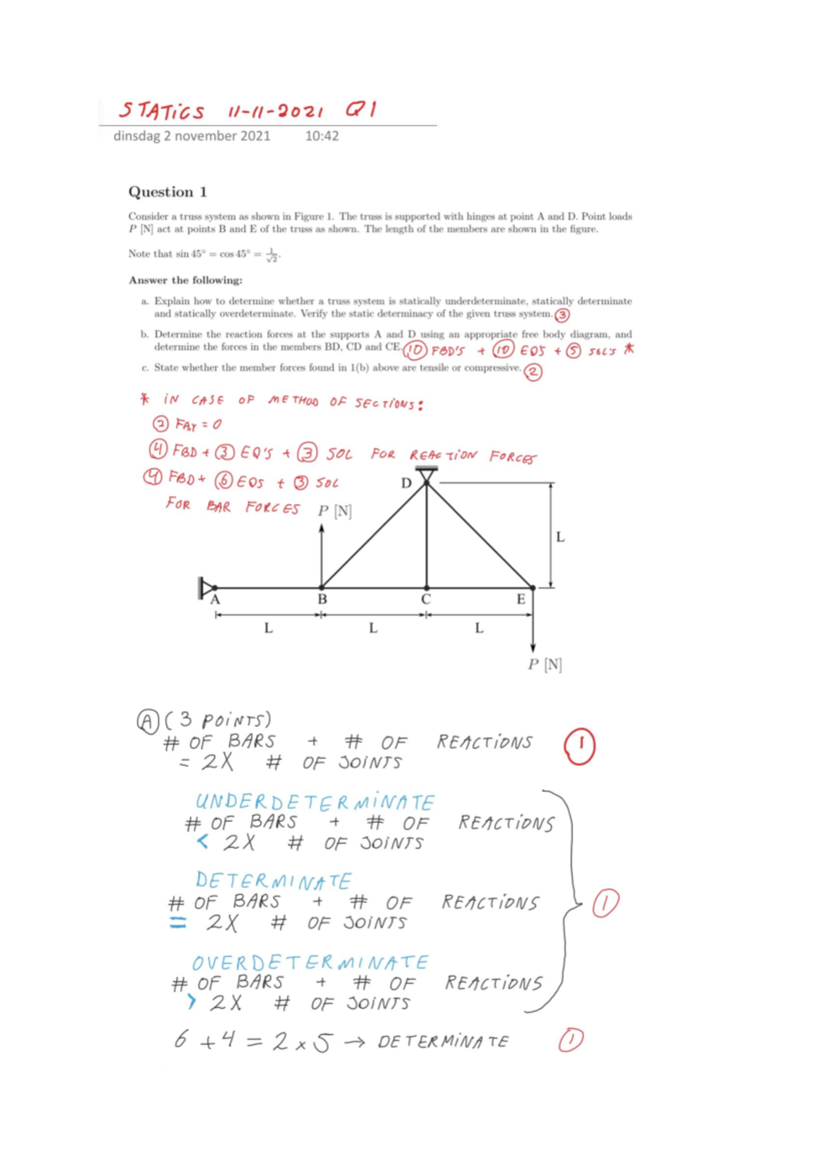 STATICS 2021-11-11 Test Answers: Truss System Analysis Q1 - Studeersnel