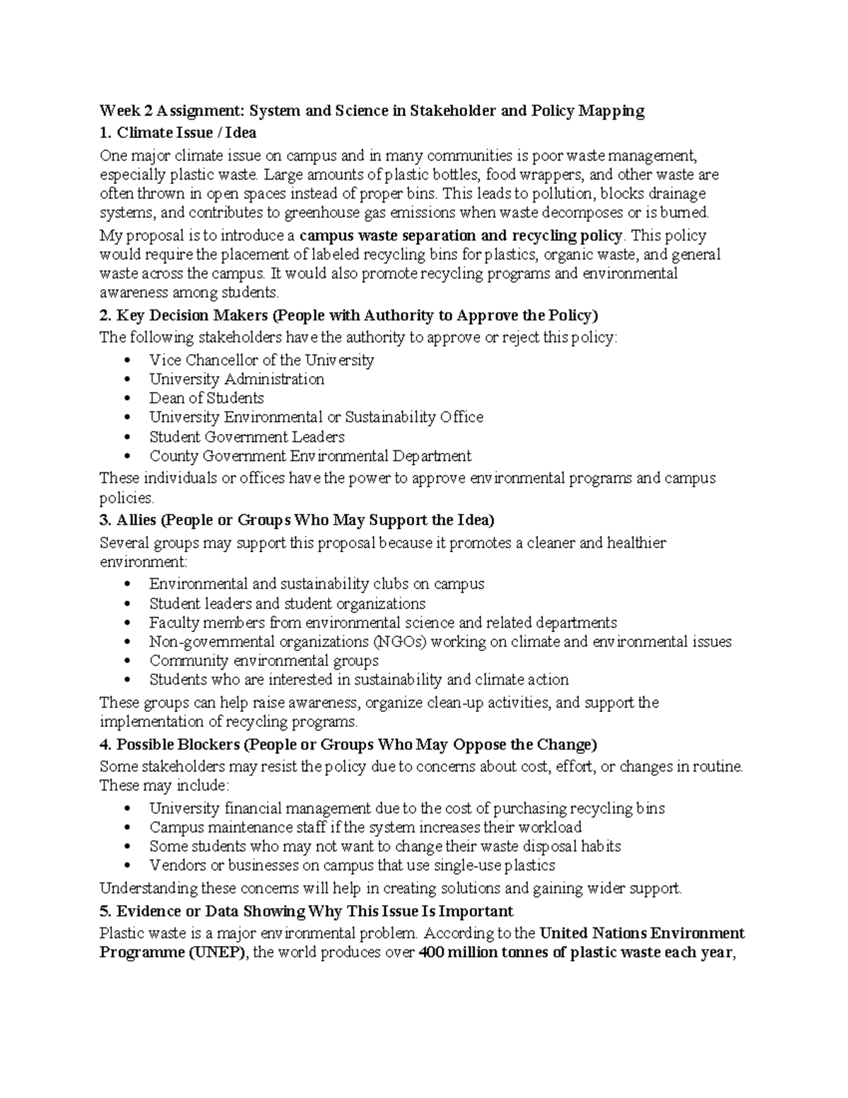 Week 2 Assignment: Stakeholder Mapping for Campus Waste Policy - Studocu