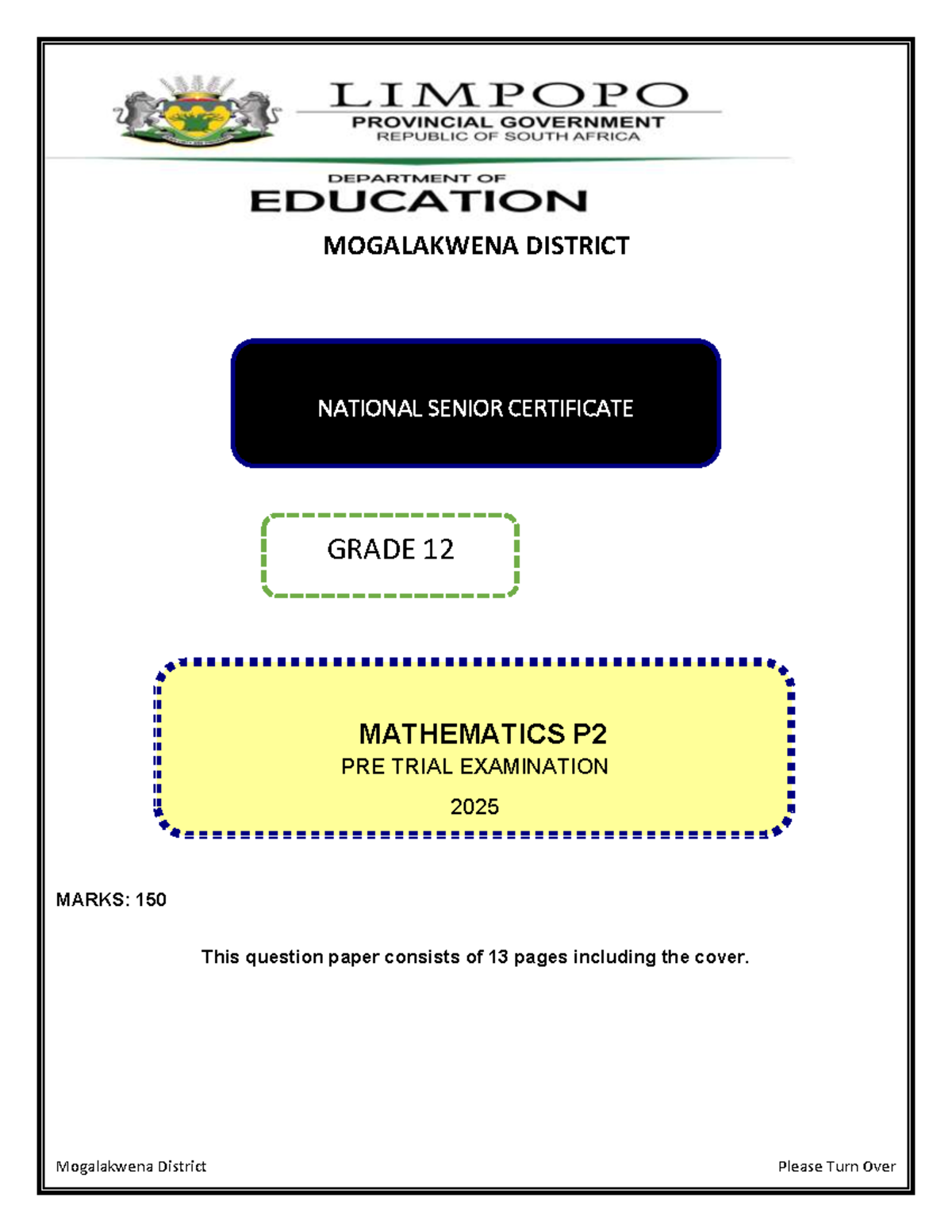 MOGALAKWENA DISTRICT GRADE 12 MATH P2 PRE TRIAL EXAM 2025 MEMO - Studocu