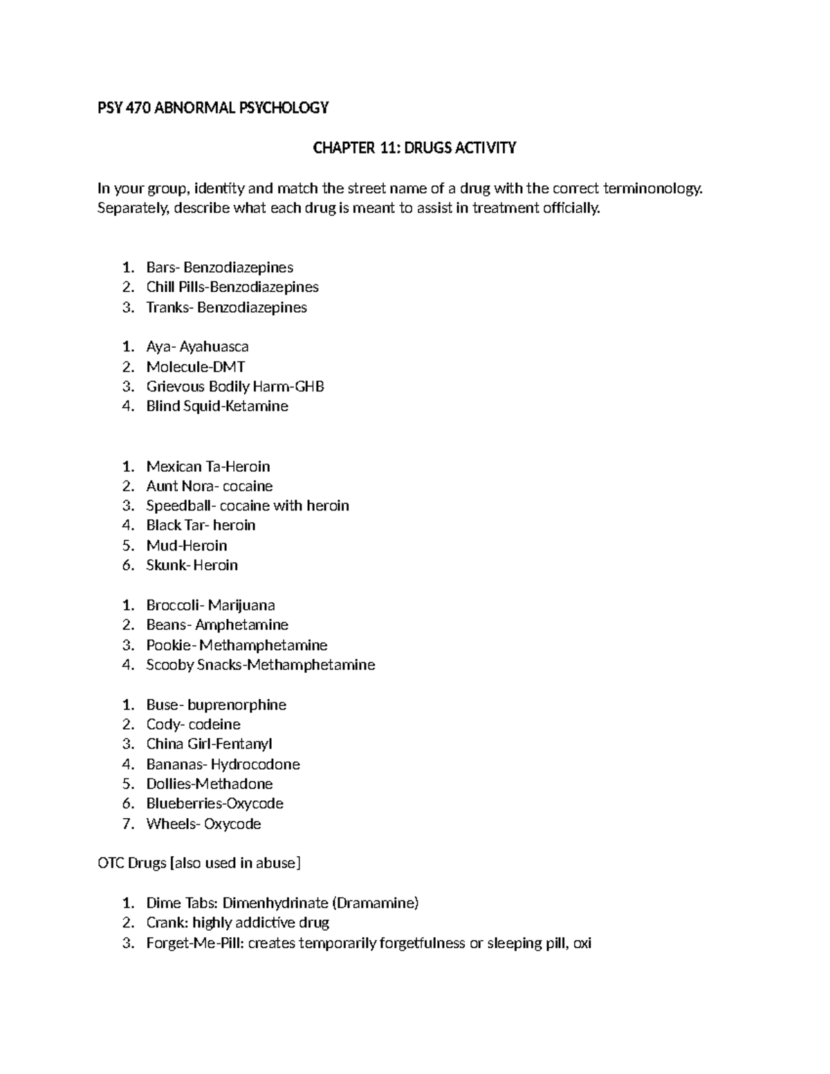 Chapter 11 Drugs - notes - PSY 470 ABNORMAL PSYCHOLOGY CHAPTER 11 ...