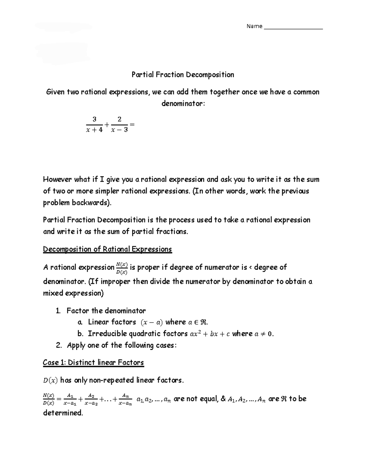 Partial Fraction Decomposition - Day1 - PAP Precalculus Name ...
