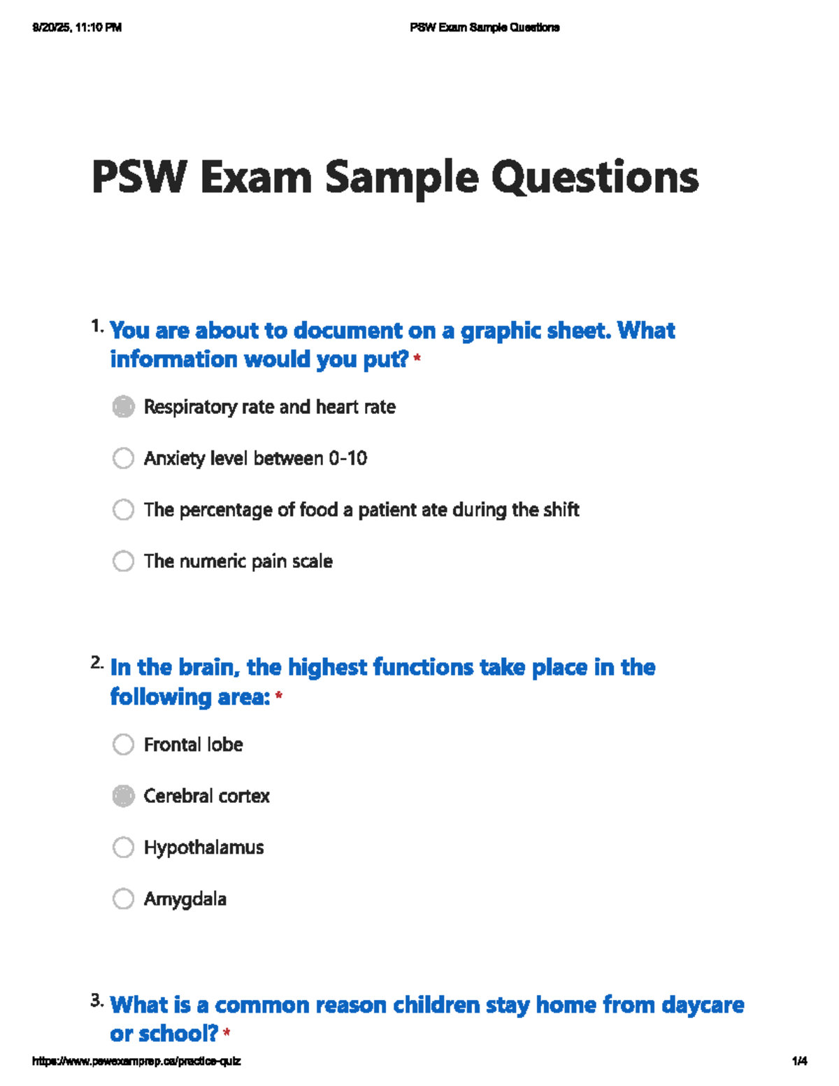 PSW Exam Sample Questions: Practice Questions for 11:10 PM Exam - Studocu