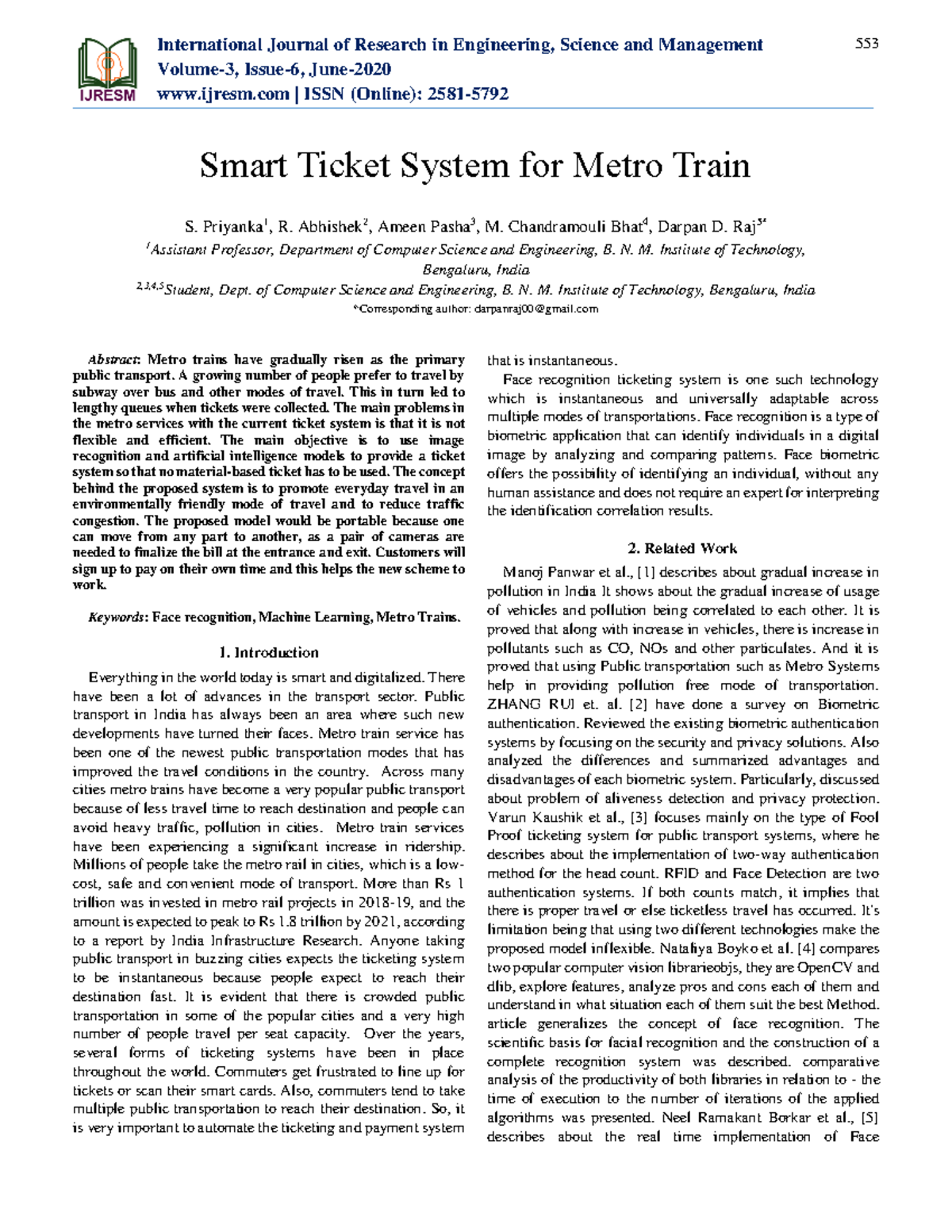 Smart Ticket System for Metro Trains: A Face Recognition Approach (IJRESM V3 I6 - Studocu