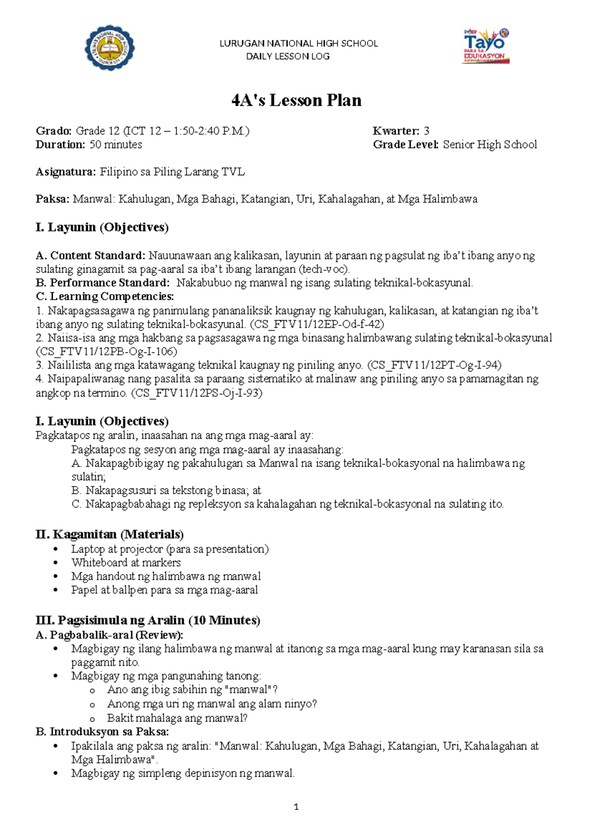 Q1 Lesson Plan: Kahulugan at Kahalagahan ng Manwal (Filipino) - Studocu
