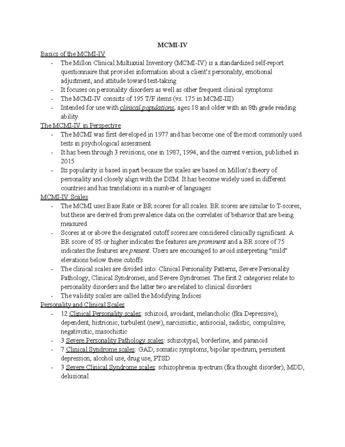 MCMI-IV Overview: Scales, Interpretation, and Clinical Use in Psychology - Studocu