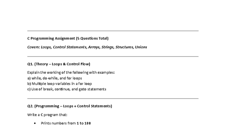 C Programming Assignment: Loops, Arrays, Structures & More - Studocu