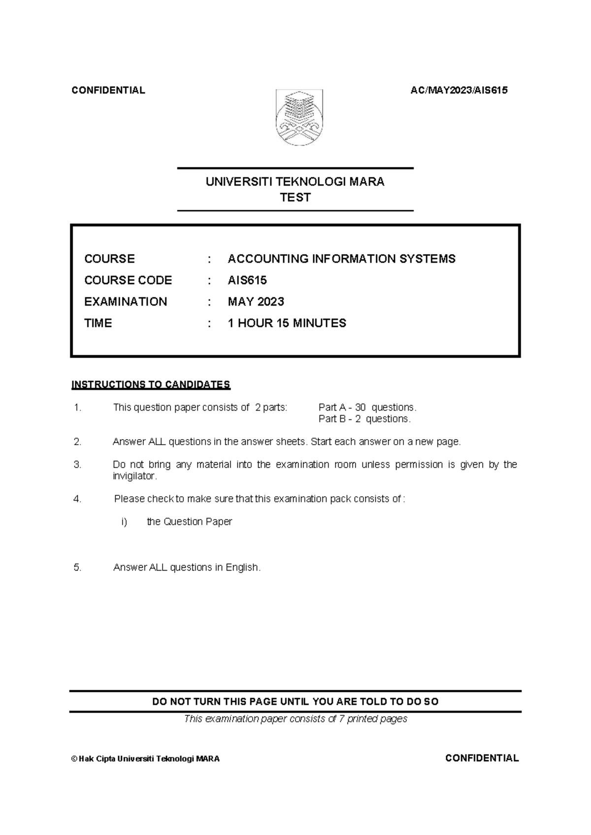 AIS615 May 2023 Test: Accounting Information Systems Past Year ...