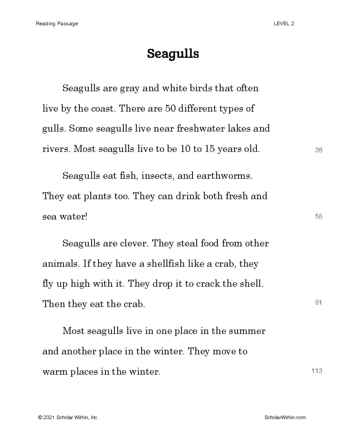 Reading Fluency Passage Level 2: Seagulls for Instructors - Studocu