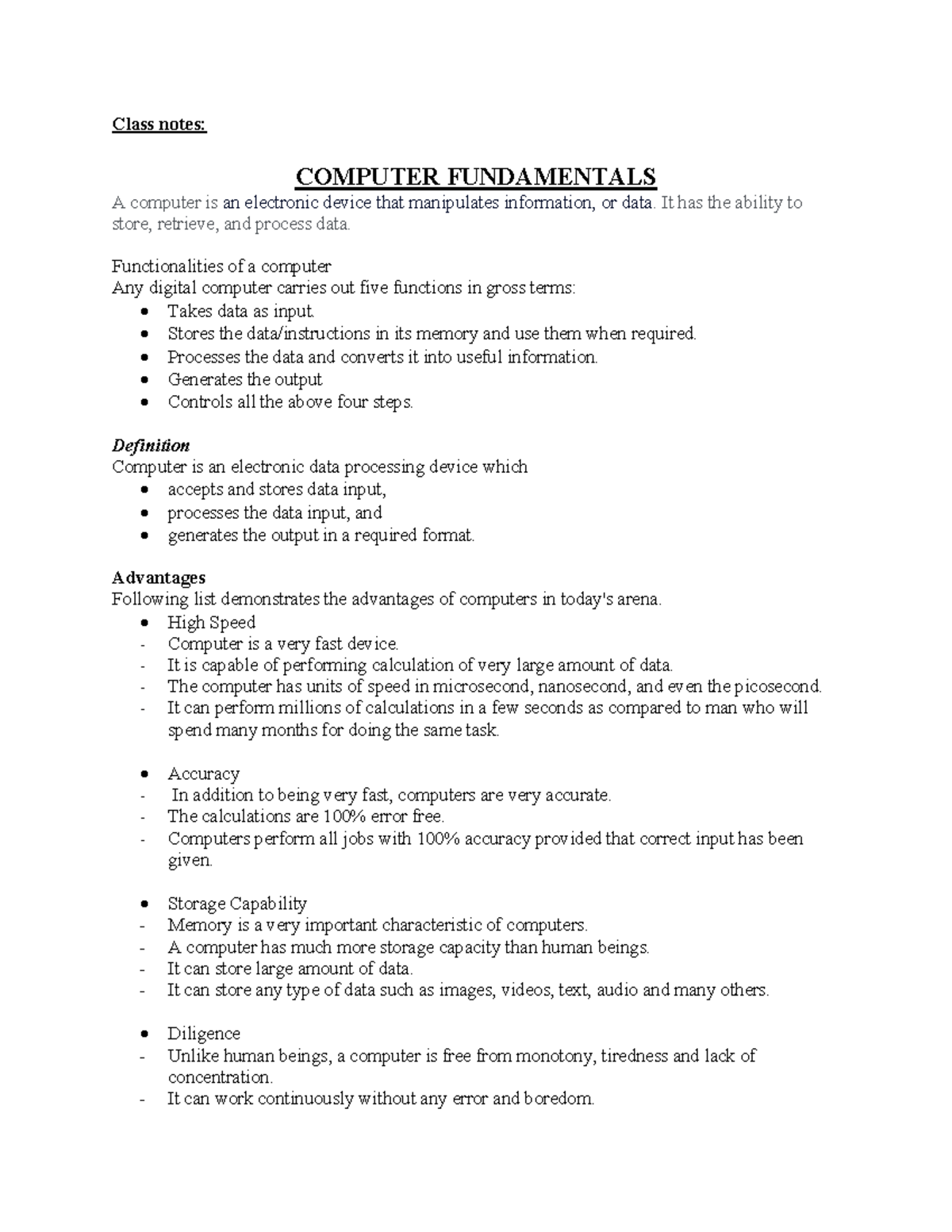 Class Notes: COMPUTER FUNDAMENTALS (Part 1) - Studocu