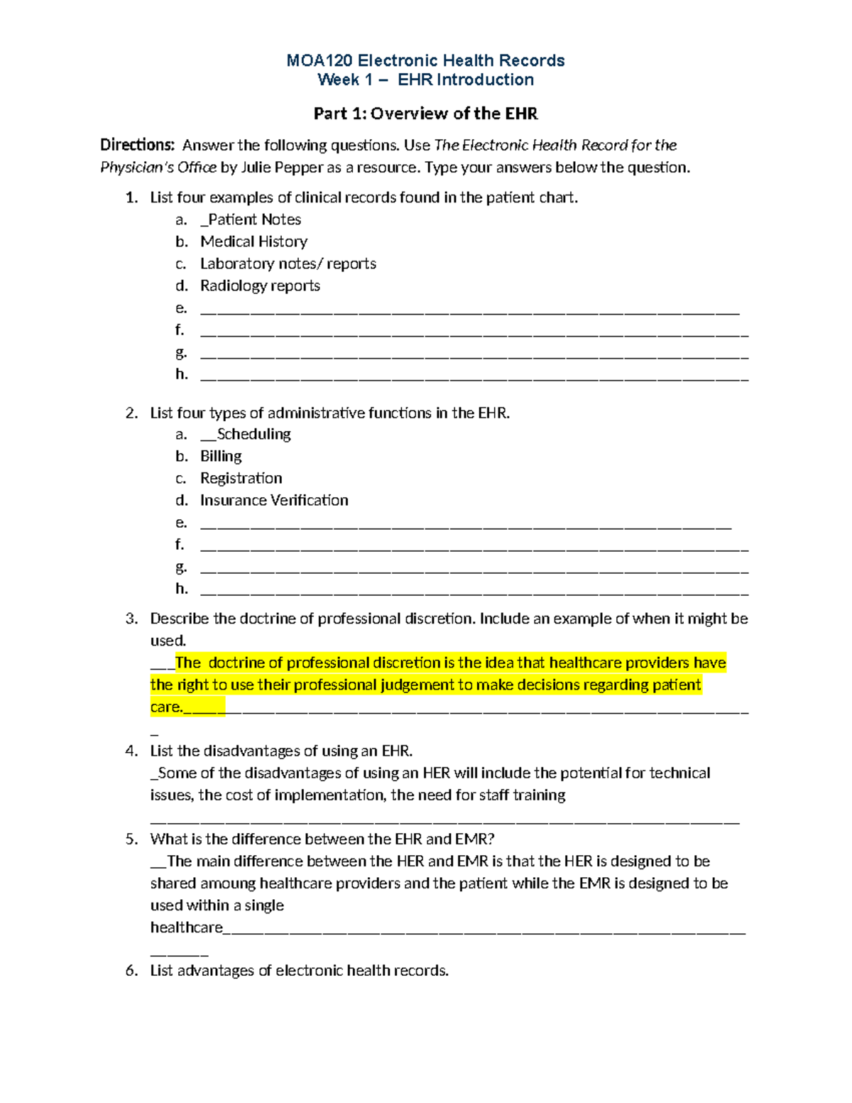 EHR 101 Week 1 Assignment: Introduction to Electronic Health Records ...