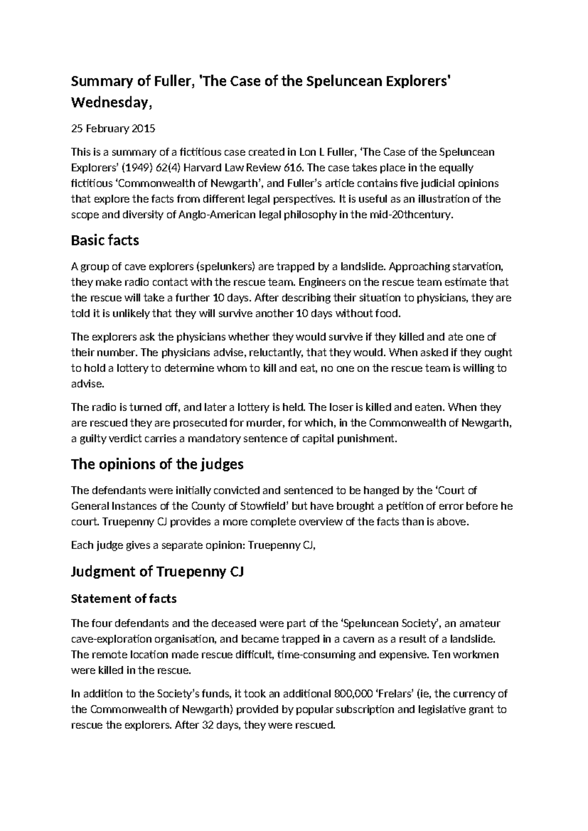 Summary of Fuller’s 'The Case of the Speluncean Explorers' (1949) - Studocu