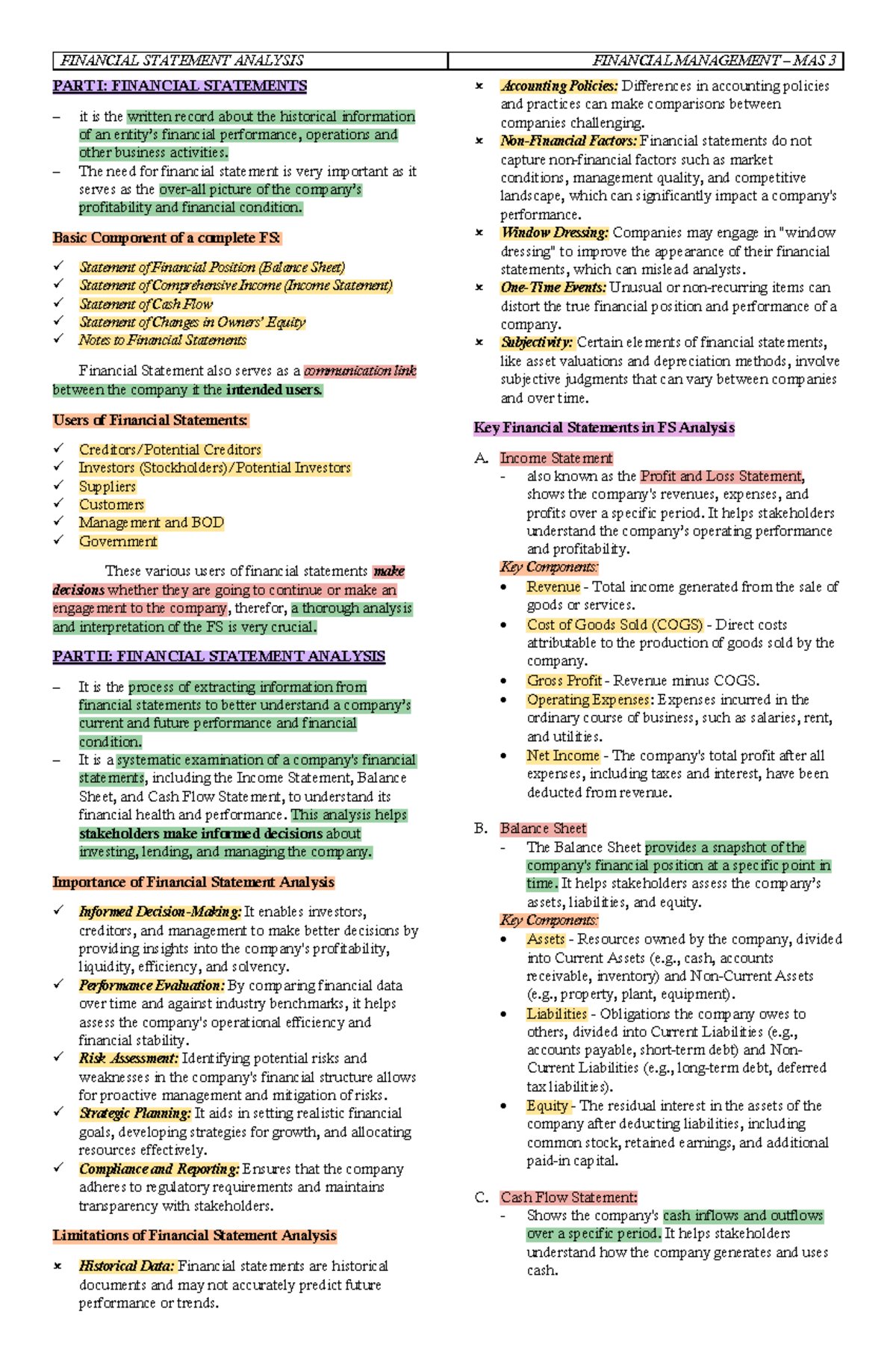 1. FS Analysis - MAS3 - PART I: FINANCIAL STATEMENTS it is the written ...