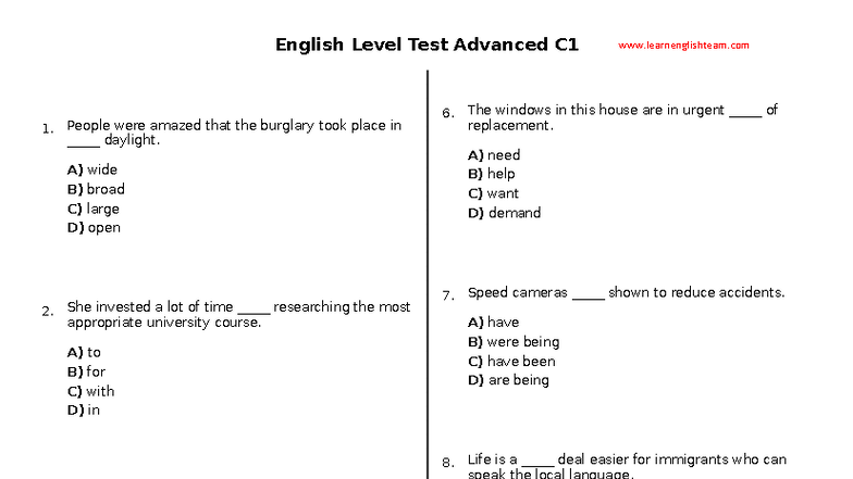 English Level Test Advanced C1 - Practice Questions & Answers - Studocu