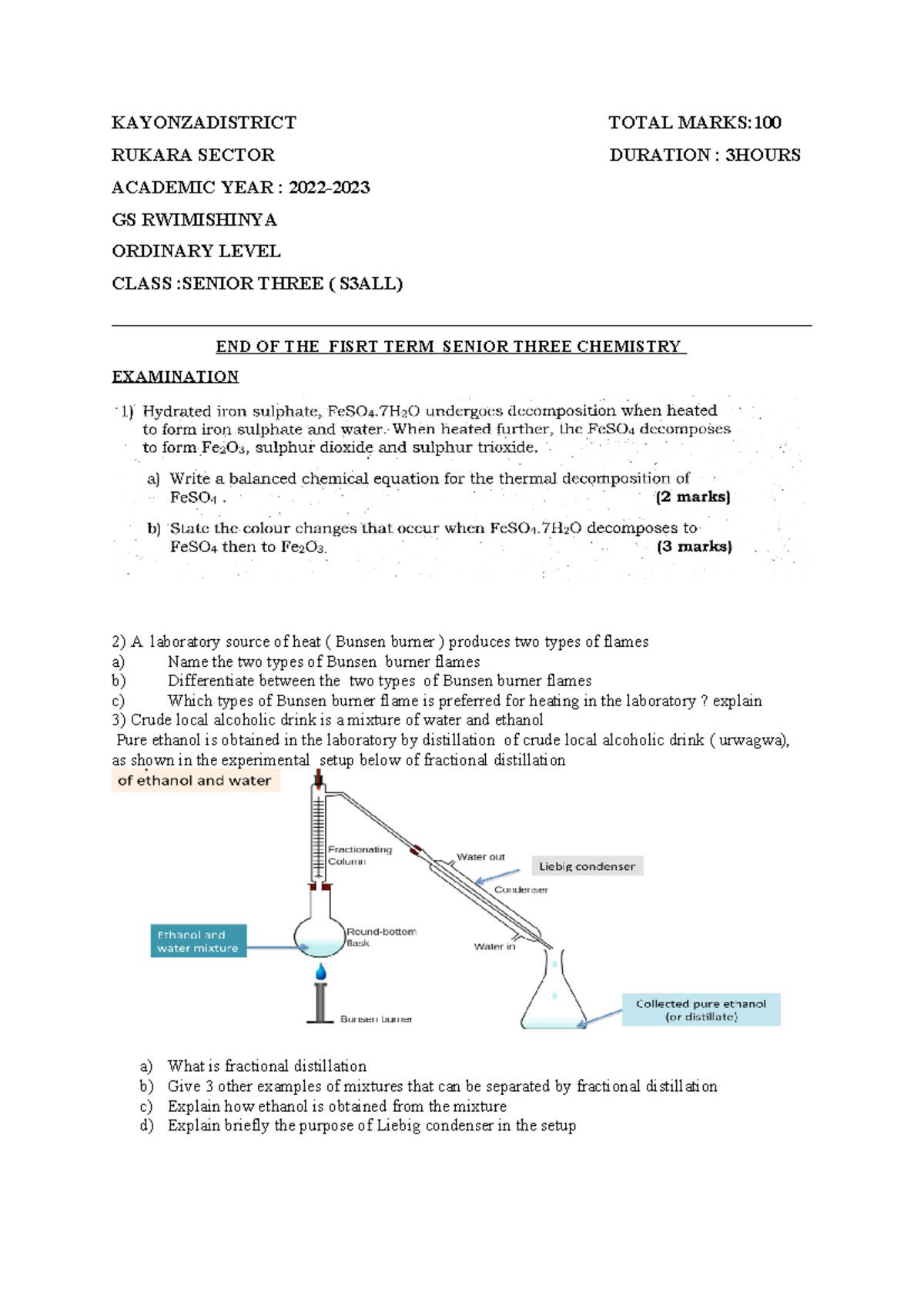 S3 Final Exam Chemistry 2022-2023: Extensive Question Set - Studocu