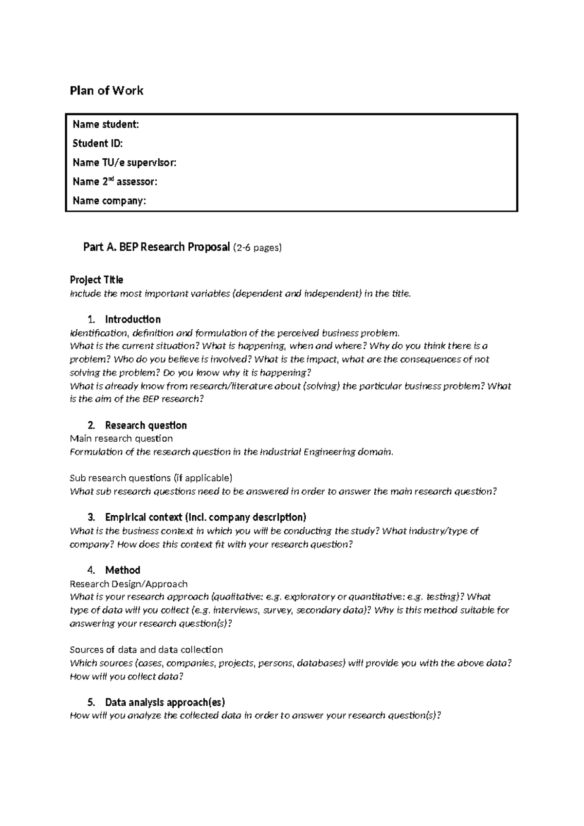 1BEP Research Proposal: Comprehensive Plan of Work Template - Studeersnel