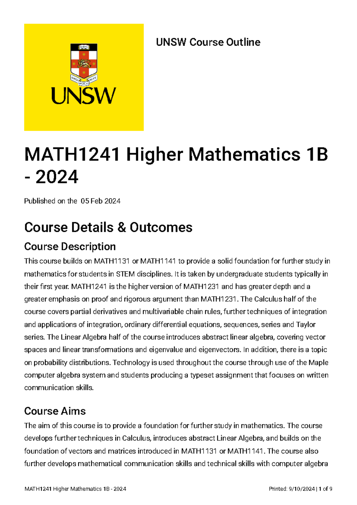 MATH1241 Higher Mathematics 1B Course Outline 2024 - Studocu
