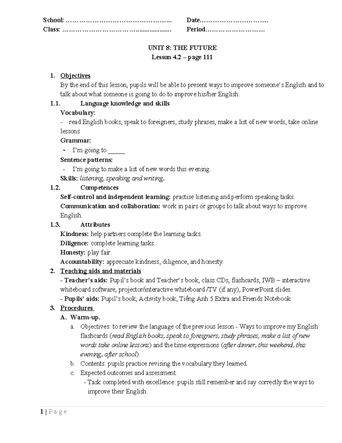 Unit 8: The Future - Lesson 4.2 Objectives & Activities Overview - Studocu