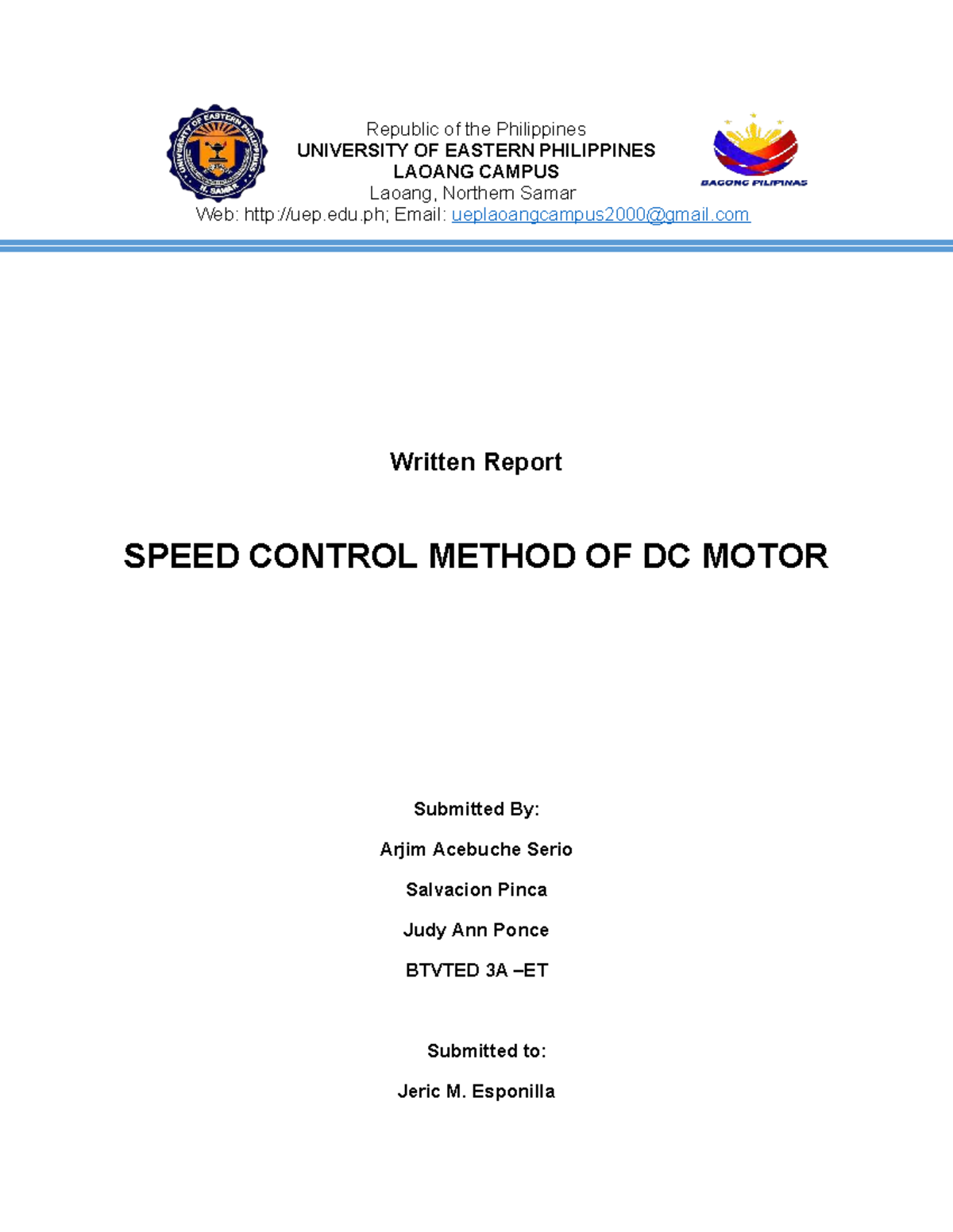BTVTED 3A: Speed Control Methods of DC Motors - Written Report - Studocu