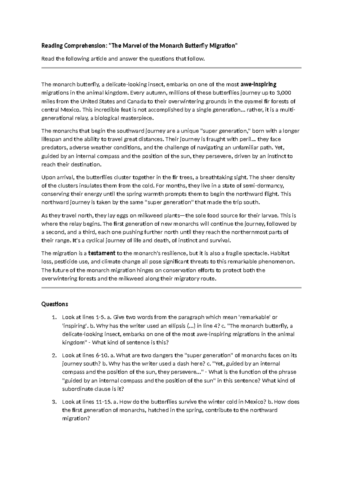 Reading Comprehension: Marvelous Monarch Migration Insights - Studocu