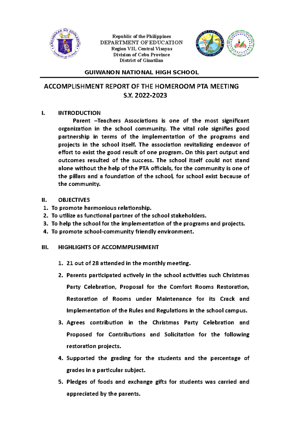 402582469 Accomplishment Report of the Homeroom PTA Meeting S.Y. 2022 ...