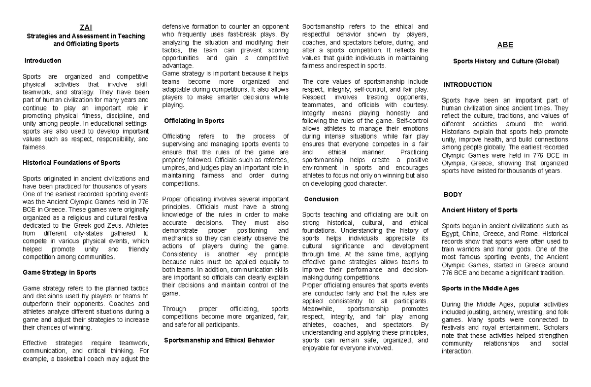 PE UNIT 1 - Strategies and Officiating in Sports - Studocu