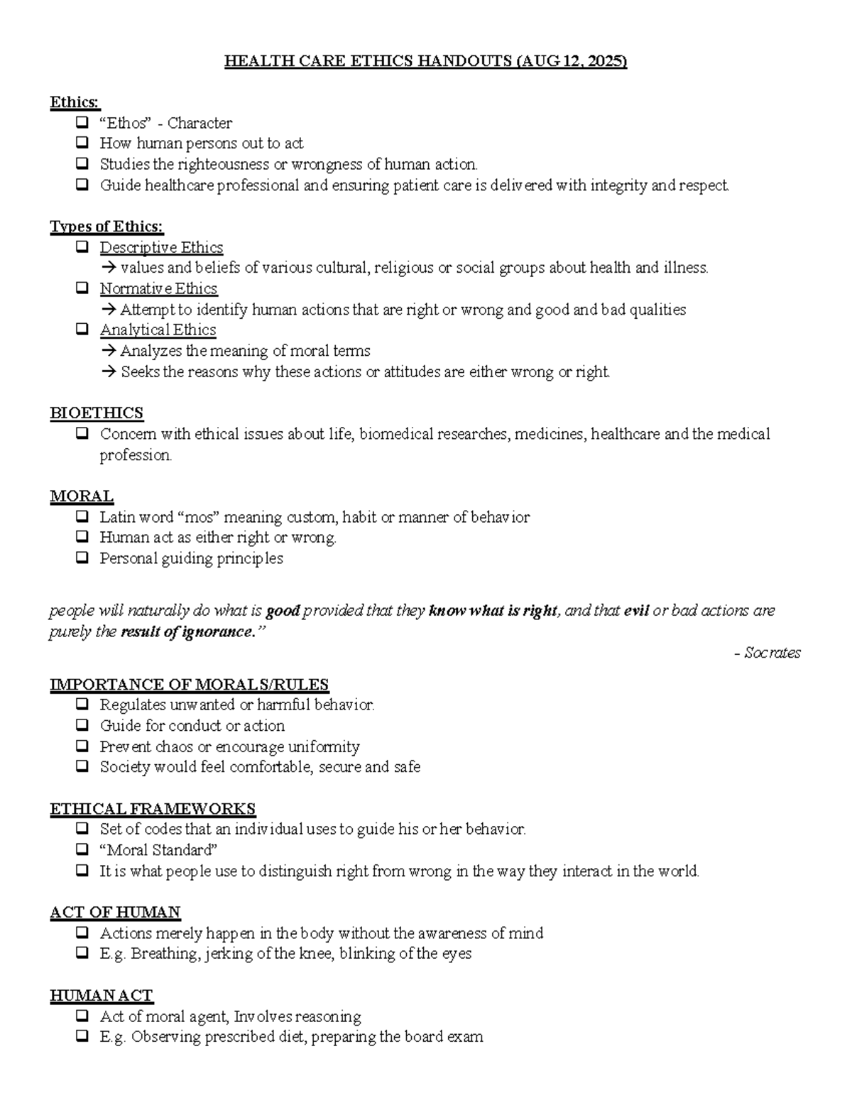 HEALTH CARE ETHICS HANDOUTS (ETHICS 101) - Principles & Frameworks ...