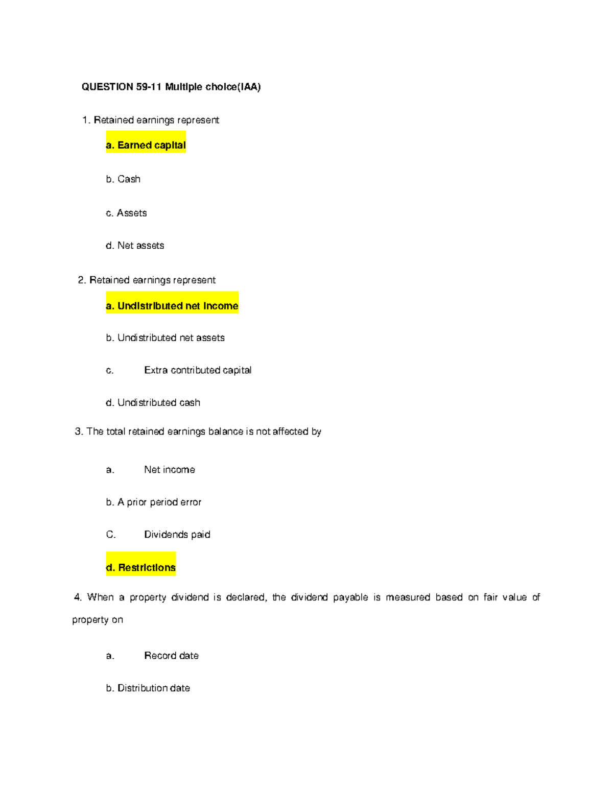 CHAPTER 59 RETAINED EARNINGS MCQ for practicing - QUESTION 59-11 Multiple choice(IAA) 1 ...