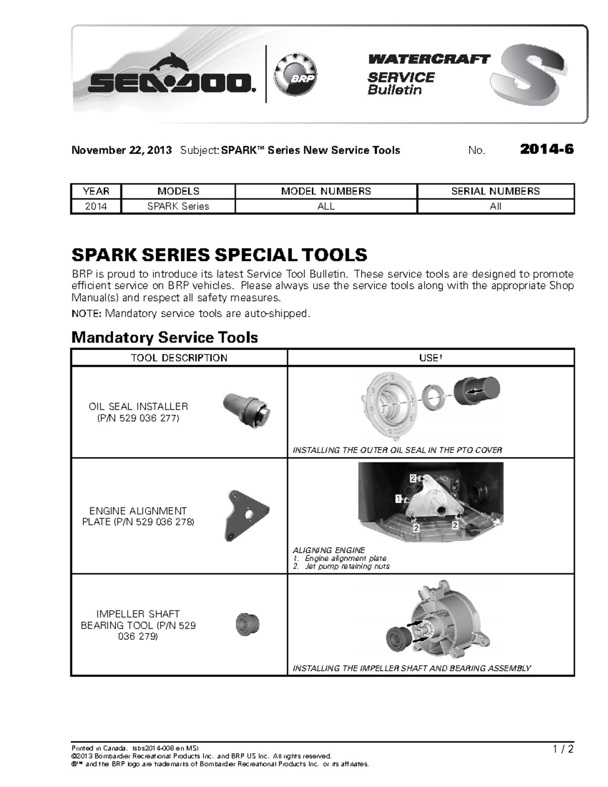 BRP Spark Series Special Tools Bulletin (2014 Models) - Studocu
