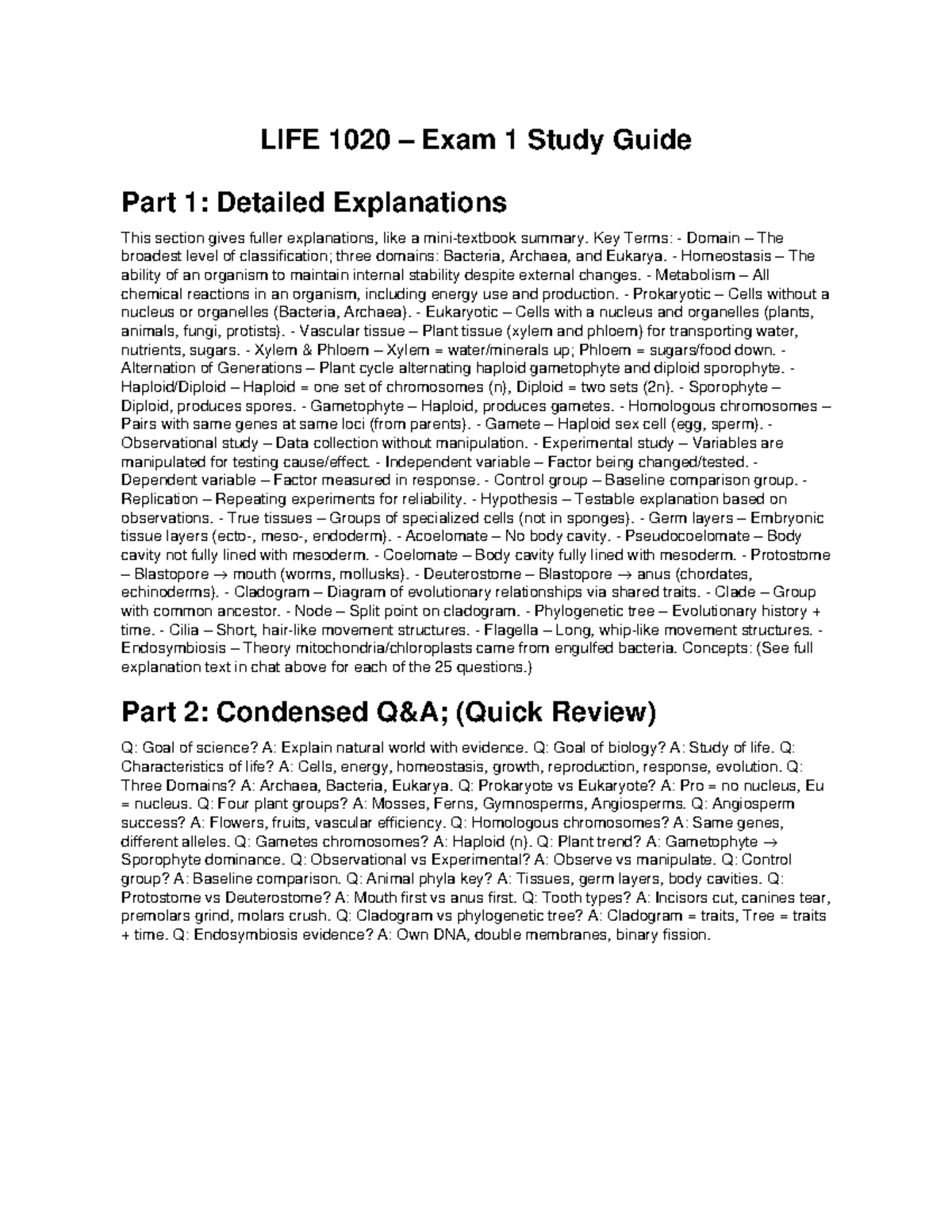 LIFE 1020 - Exam 1 Study Guide: Key Concepts & Terms Overview - Studocu