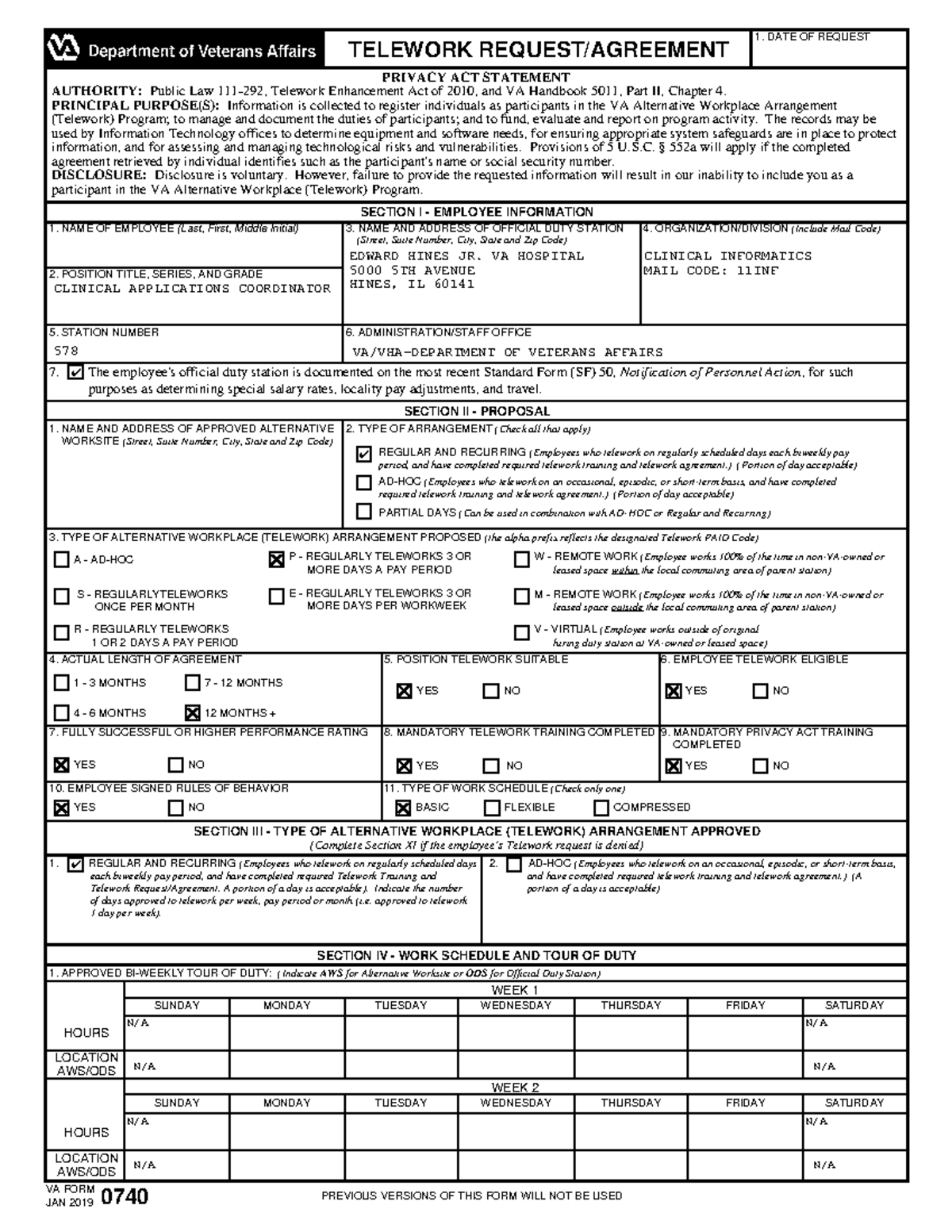 VA0740 Telework Agreement - Draft for Clinical Applications ...