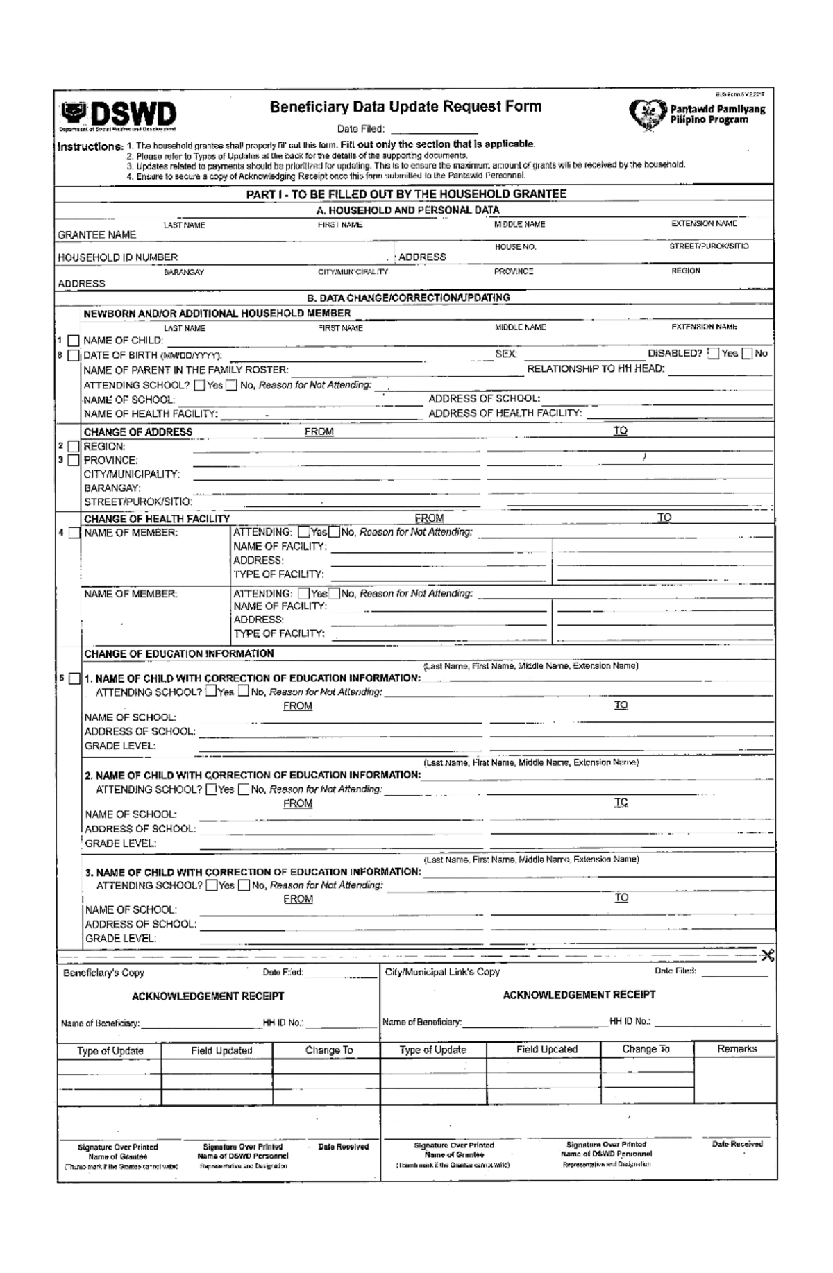 BUS Form 5V.2 DSWD 4Ps Beneficiary Data Update Request Form - Studocu