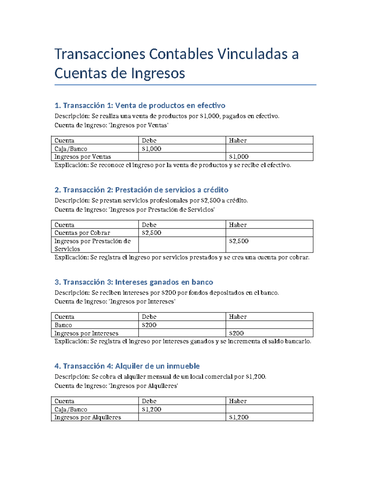 Transacciones Contables: Cuentas de Ingresos y Ejemplos Prácticos - Studocu