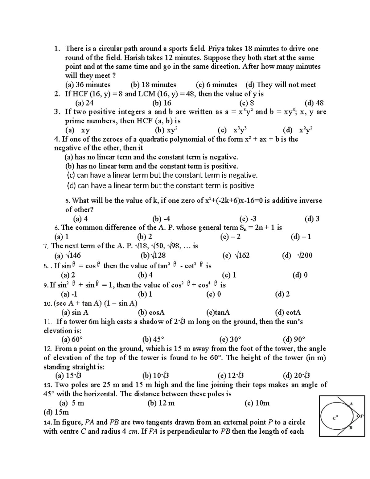 Revision Test 1: Math Questions and Solutions - Studocu