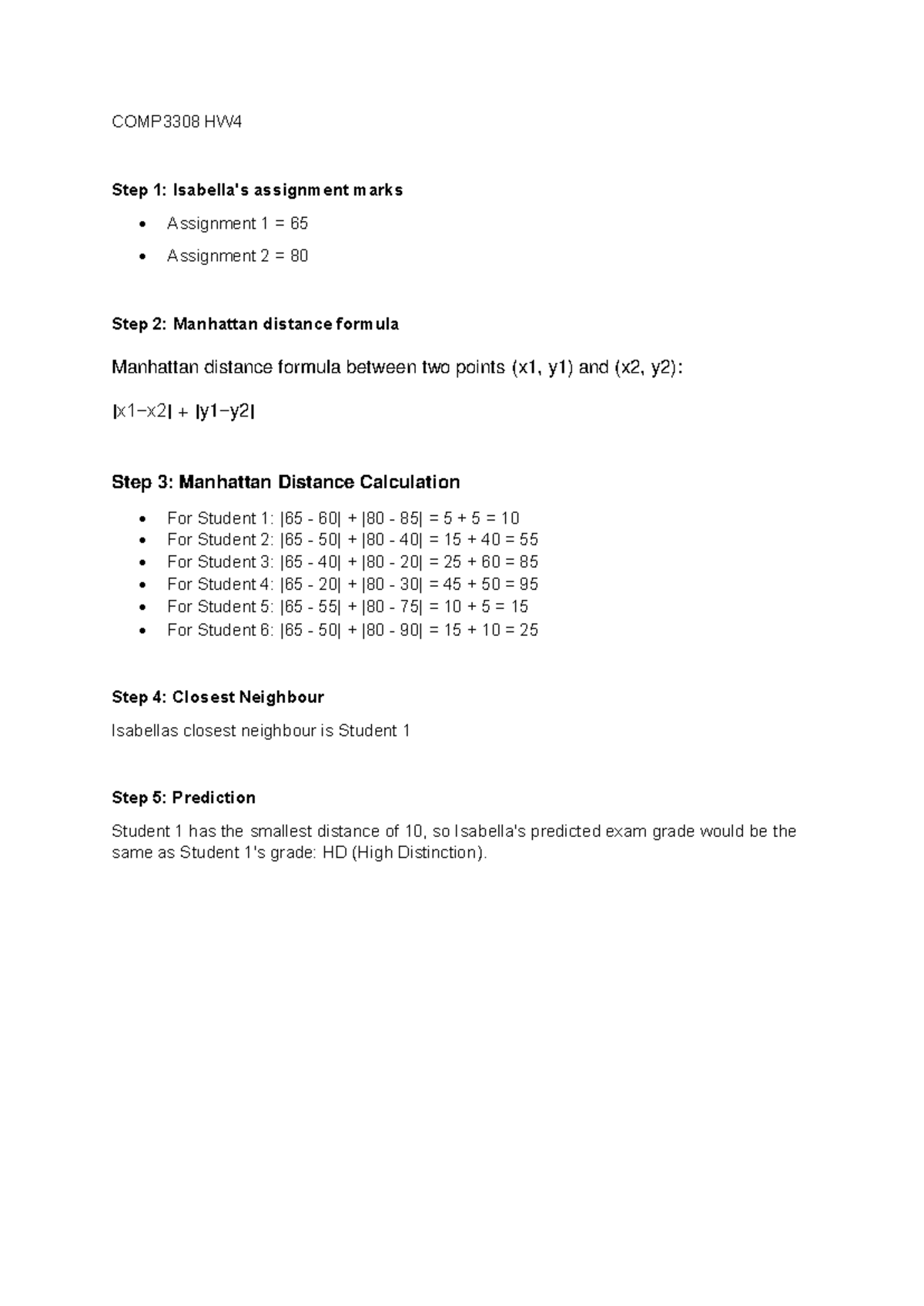 COMP3308 HW4: Manhattan Distance & Prediction Analysis - Studocu