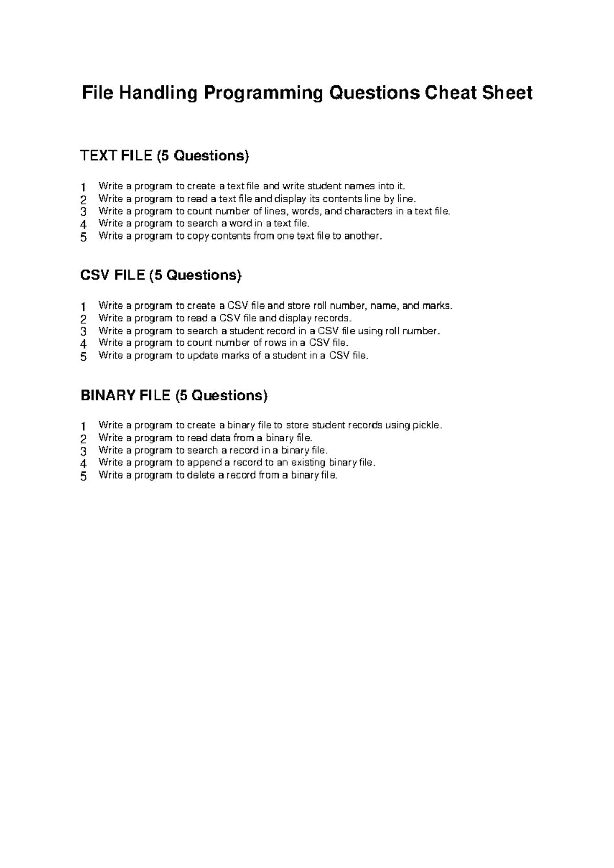 File Handling Programming Questions Cheat Sheet (5 Qs Each) - Studocu