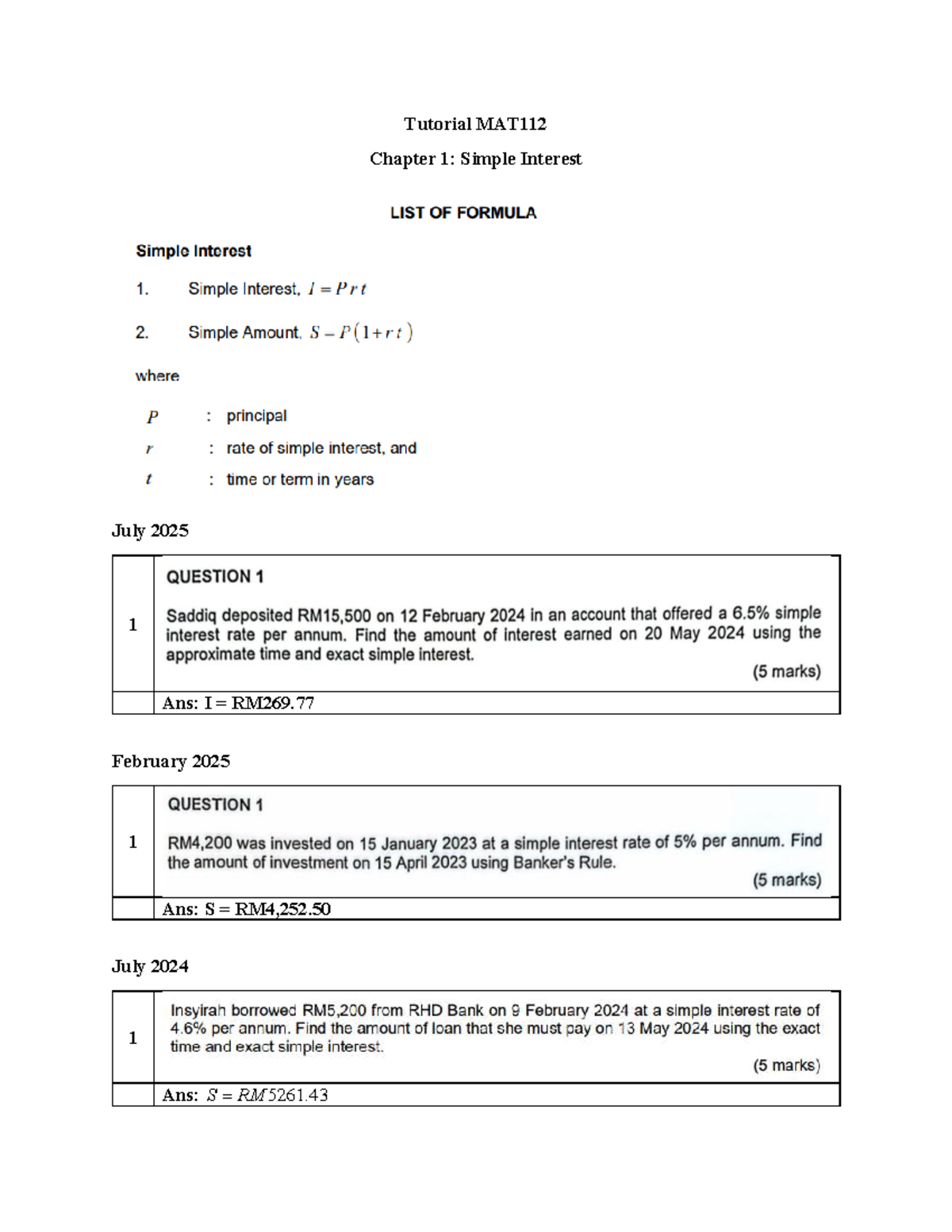 MAT112 Tutorial: Chapter 1 - Simple Interest Solutions - Studocu