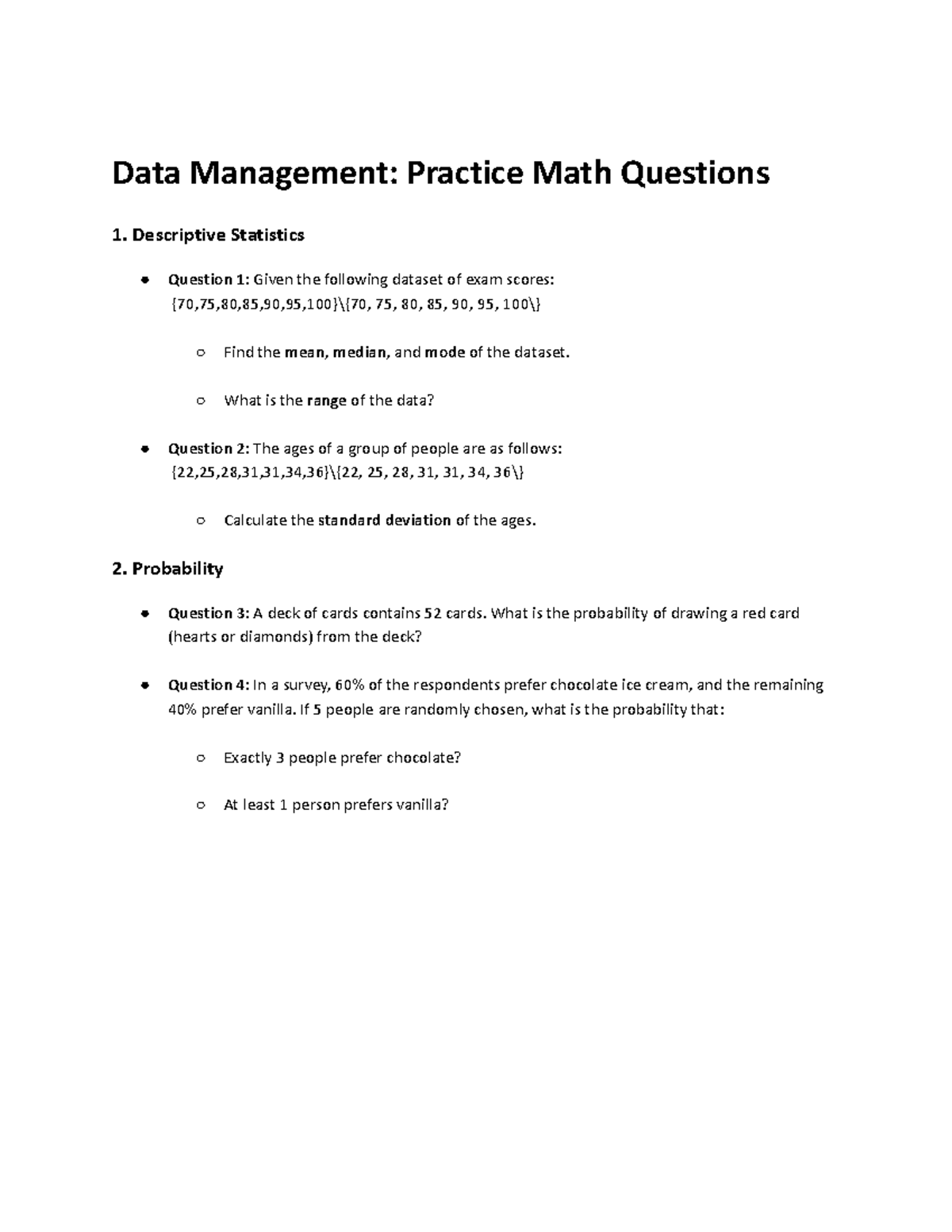 Data Management: Practice Math Questions on Descriptive Stats ...