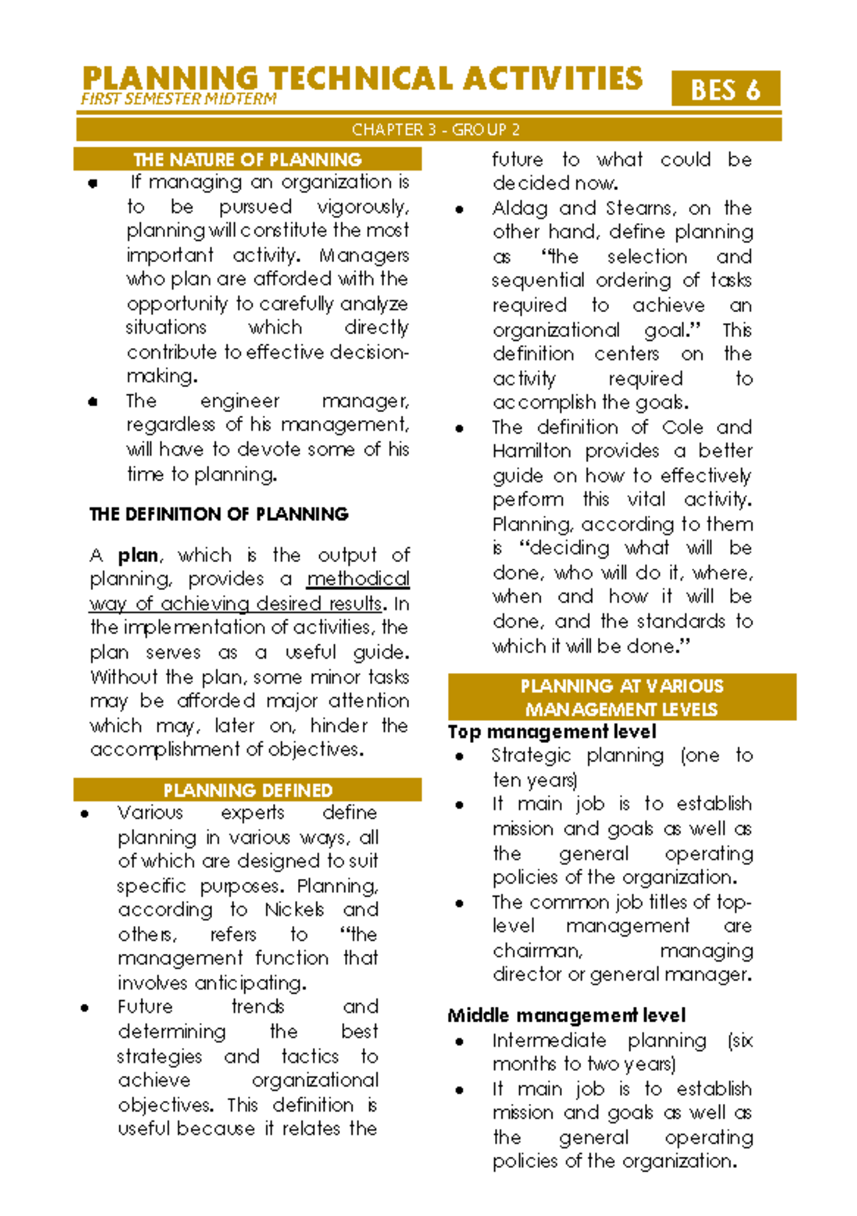 Midterm Study Notes on Planning Technical Activities (BES 6) - Studocu