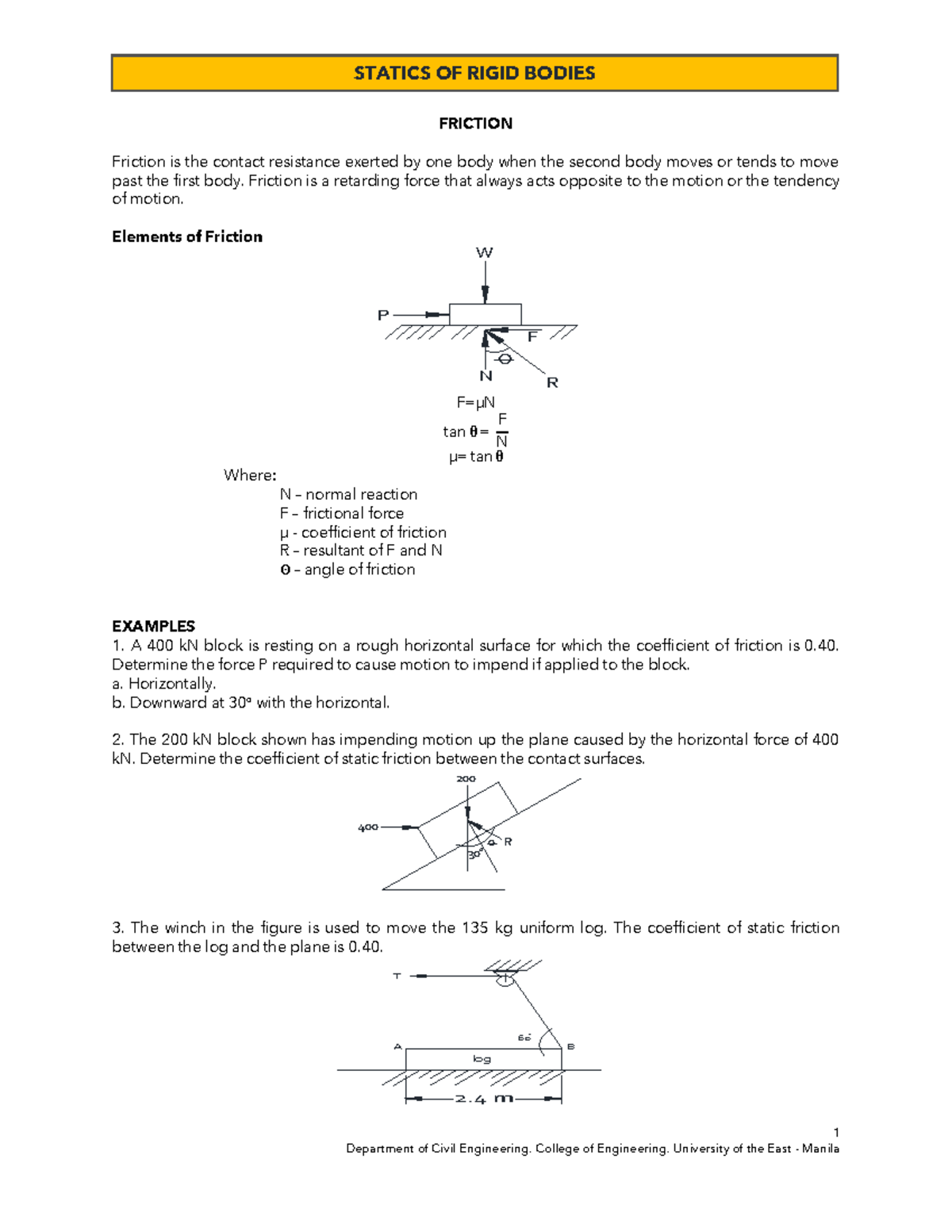 STATICS OF RIGID BODIES: FRICTION LESSON 7 - CE 101 - Studocu