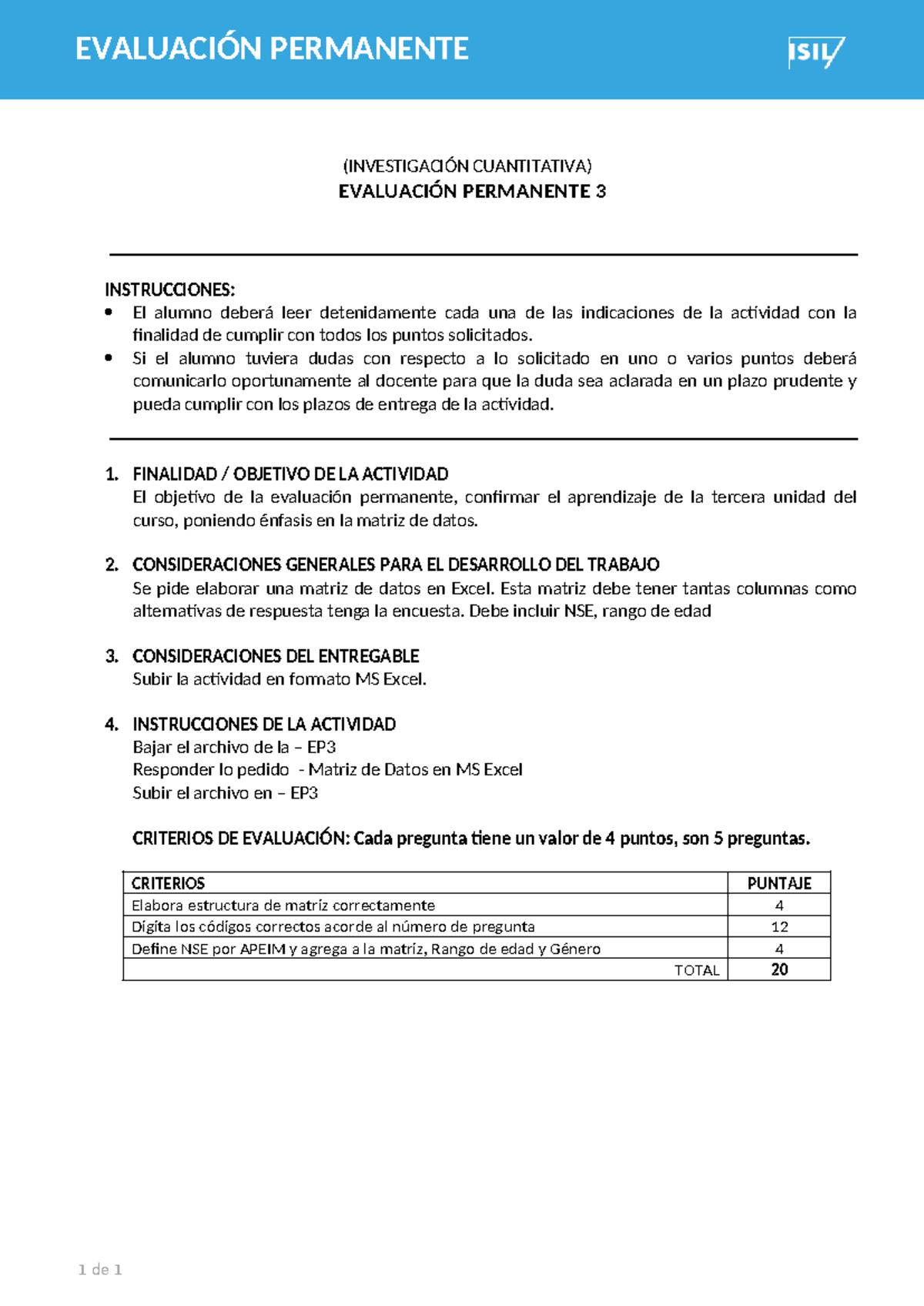 EP3 Evaluación Permanente: Matriz de Datos en Investigación Cuantitativa - Studocu